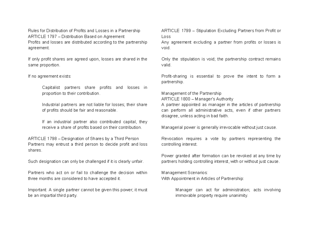 Partnership Management and Profit Distribution Rules - Week 3 - Studocu