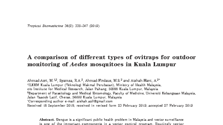 Comparison of Ovitraps for Aedes Mosquito Monitoring in Kuala Lumpur ...