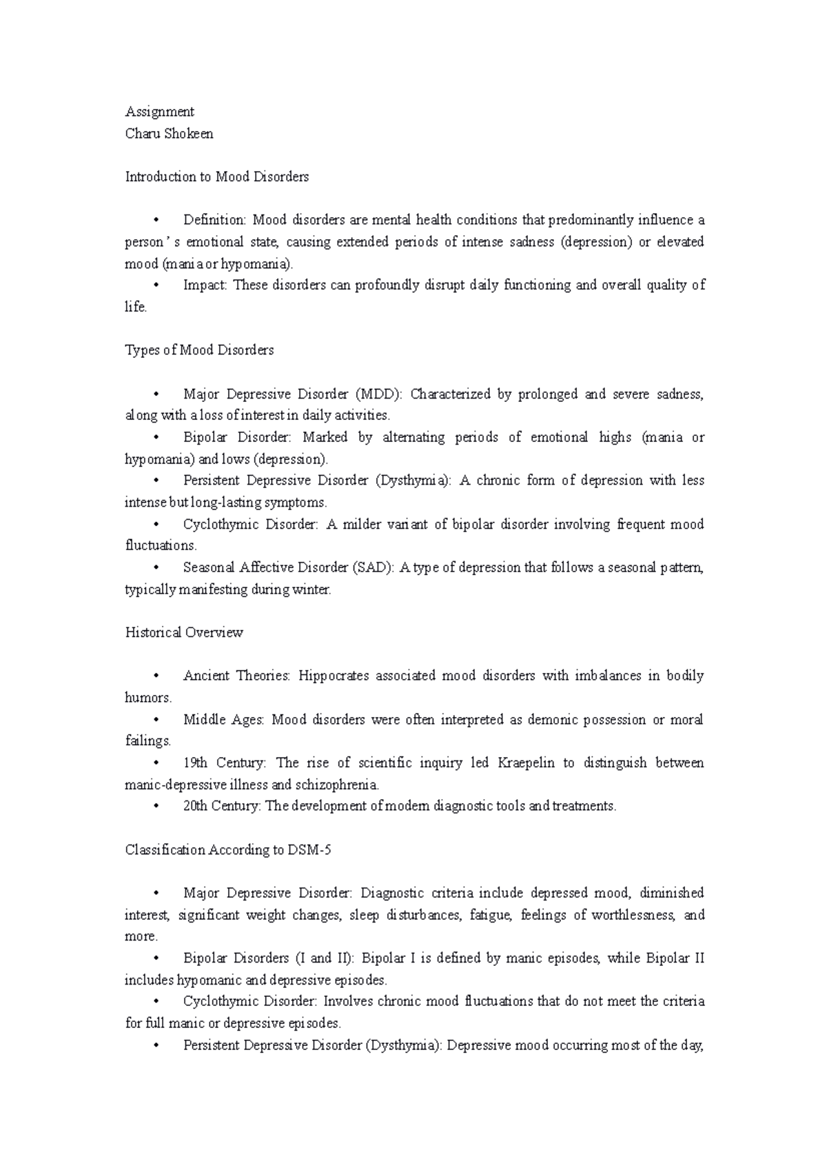 Assignment - Assignment Charu Shokeen Introduction to Mood Disorders ...