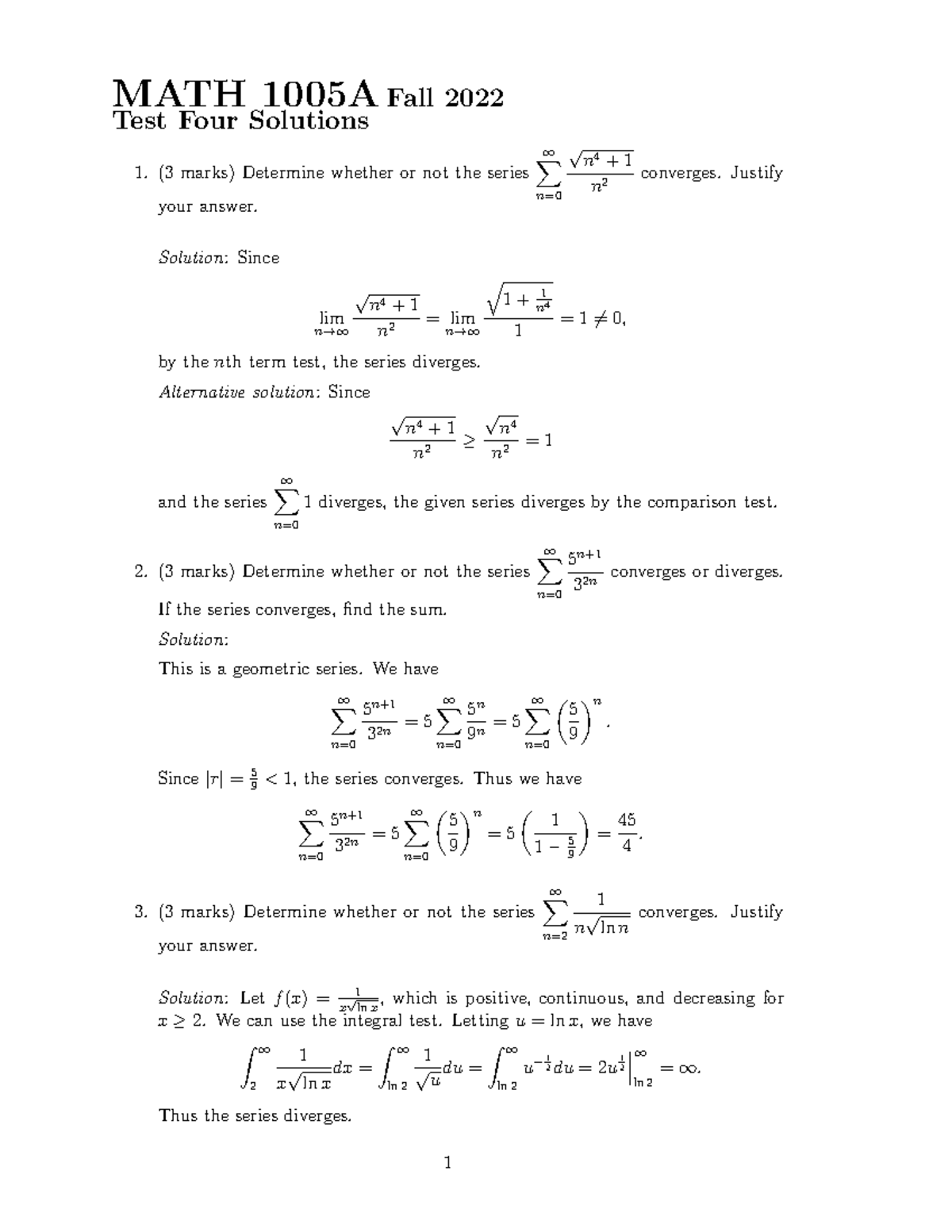 MATH 1005A Fall 2022 - Test 4 Solutions and Justifications - Studocu