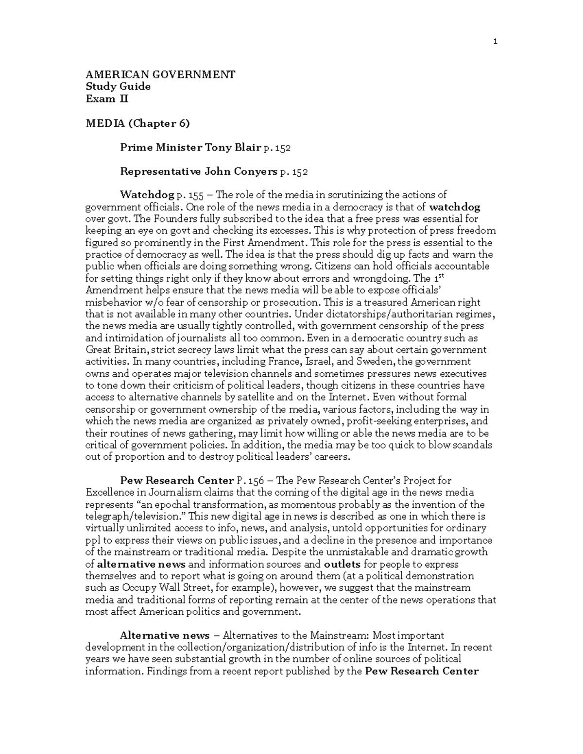 Study Guide for Exam 2 - Political Science POSC-100 - AMERICAN ...