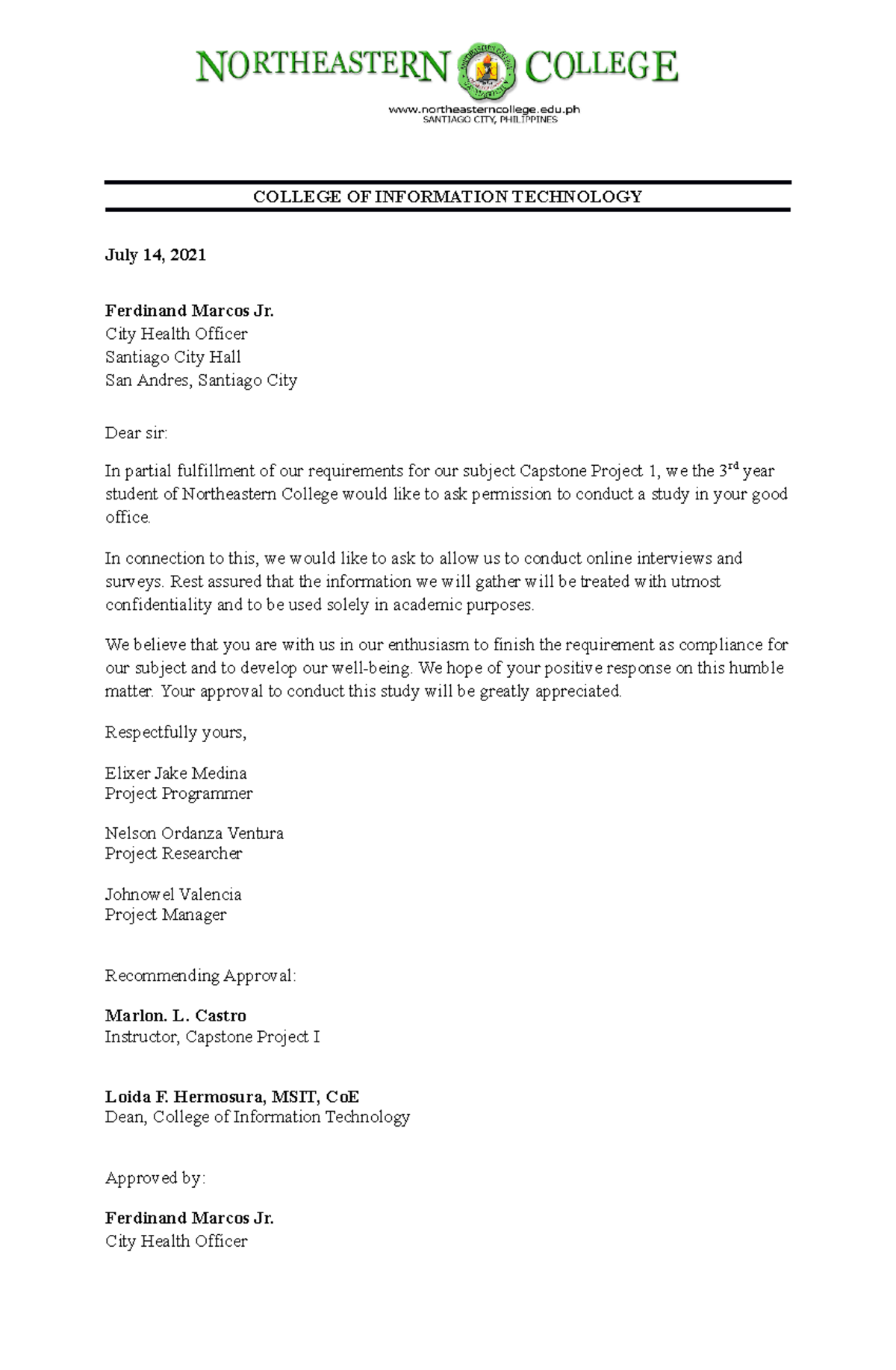 Request for Permission to Conduct Study - Capstone Project 1 - Studocu