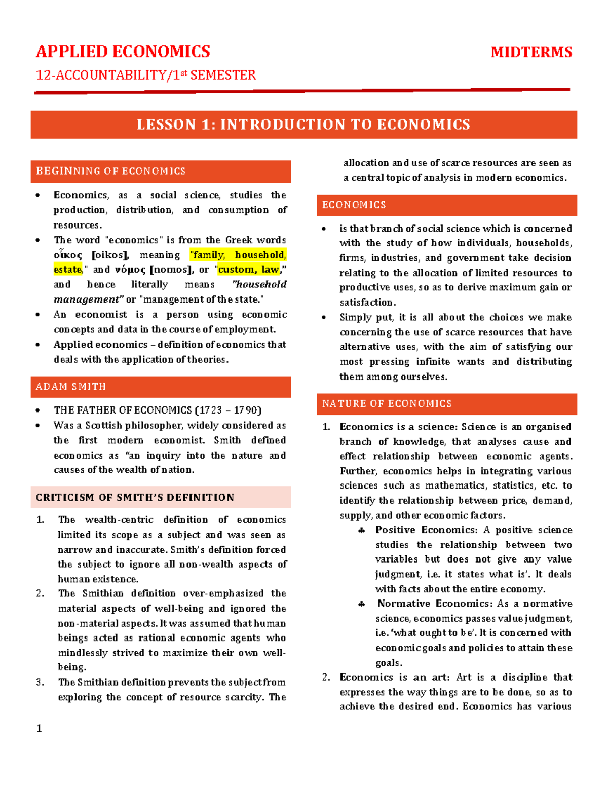 APPLIED ECONOMICS MIDTERMS SEMESTER LESSON 1: INTRODUCTION TO ECONOMICS ...