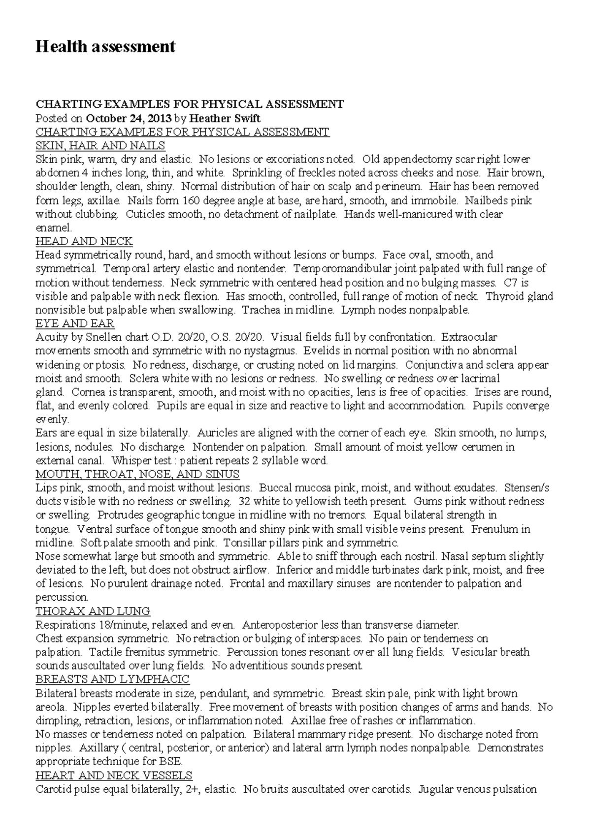 Health assessment - Health assessment CHARTING EXAMPLES FOR PHYSICAL ...