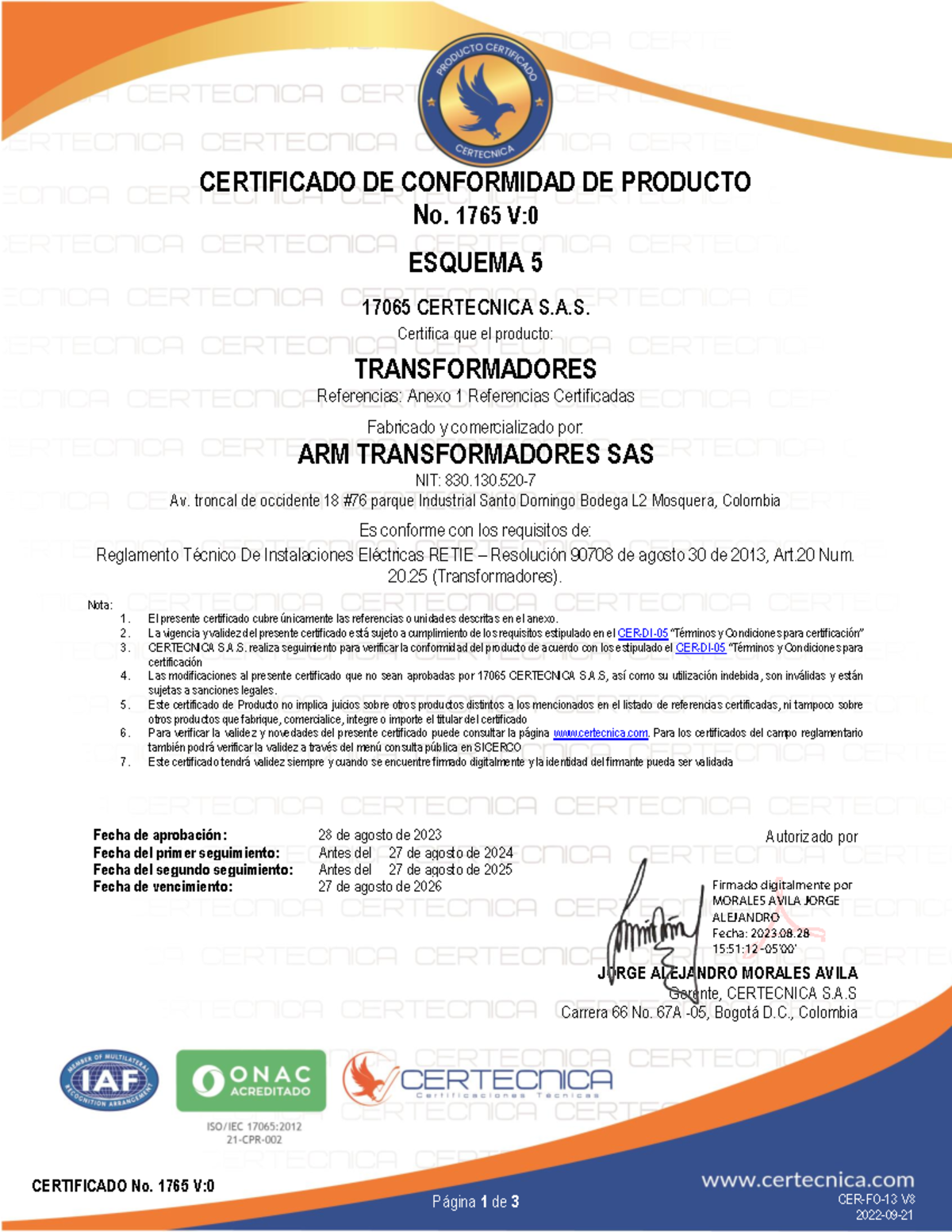 Retie - Transformadores Cert. 1765 - Página 1 de 3 CER-FO-13 V 8 2022 - 09 - 21 CERTIFICADO No ...