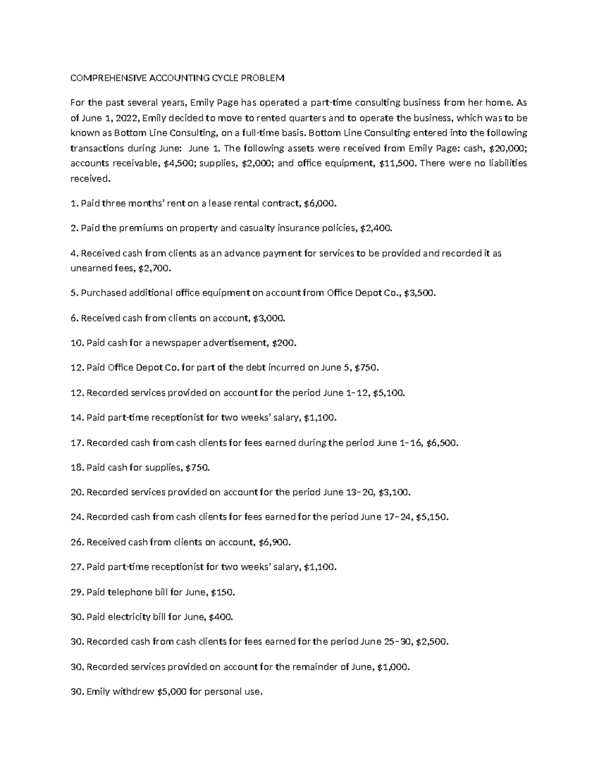 Accounting Cycle Assignment: Bottom Line Consulting Transactions - Studocu