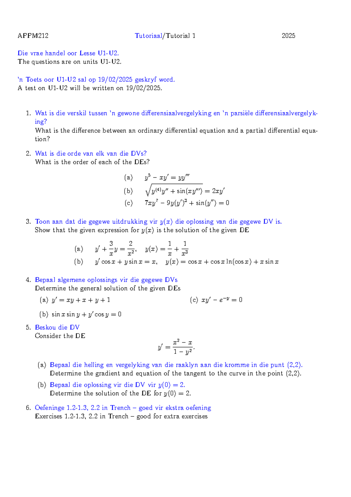 APPM212 - Tutorial 1 Questions on Units U1-U2 (2025) - Studocu