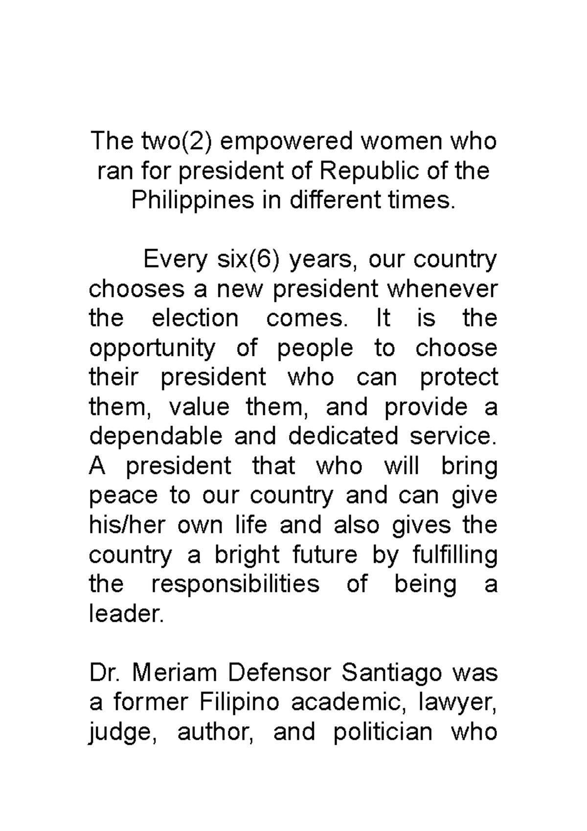 Persuasive Essay on Women Presidential Candidates in PH - Studocu