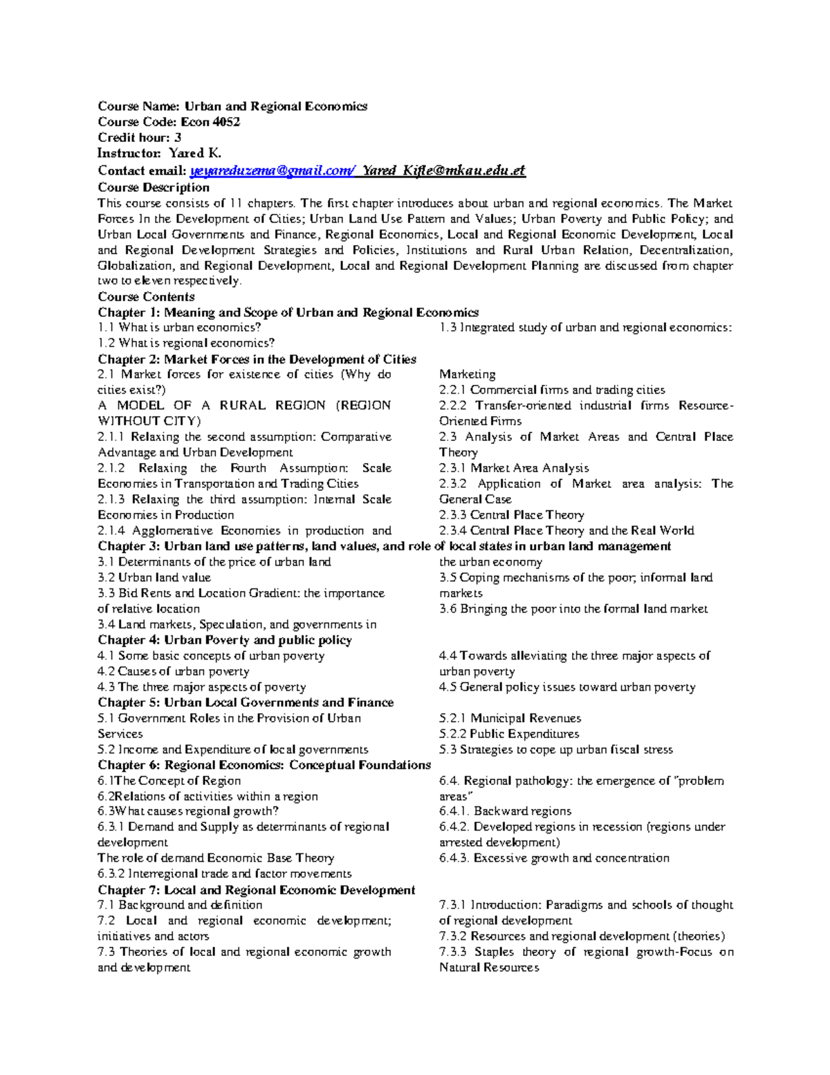 Econ 4052 Urban and Regional Economics Course Outline and Notes - Studocu