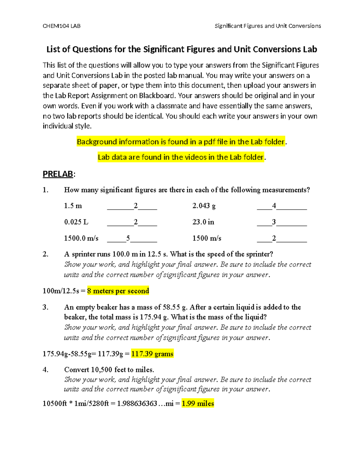 CHEM104 Lab #2 Report: Sig Figs & Unit Conversions Analysis Fall 2020 ...