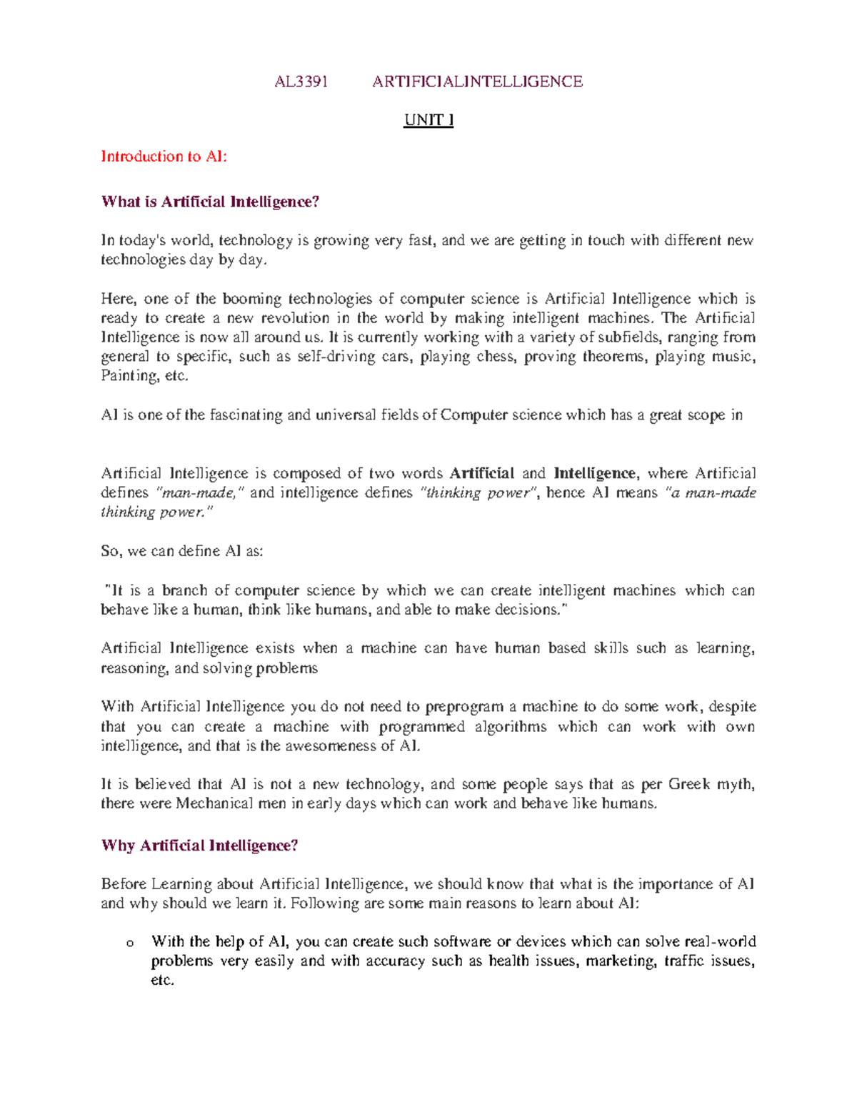AL3391 AI UNIT I: Introduction to Artificial Intelligence Concepts - Studocu