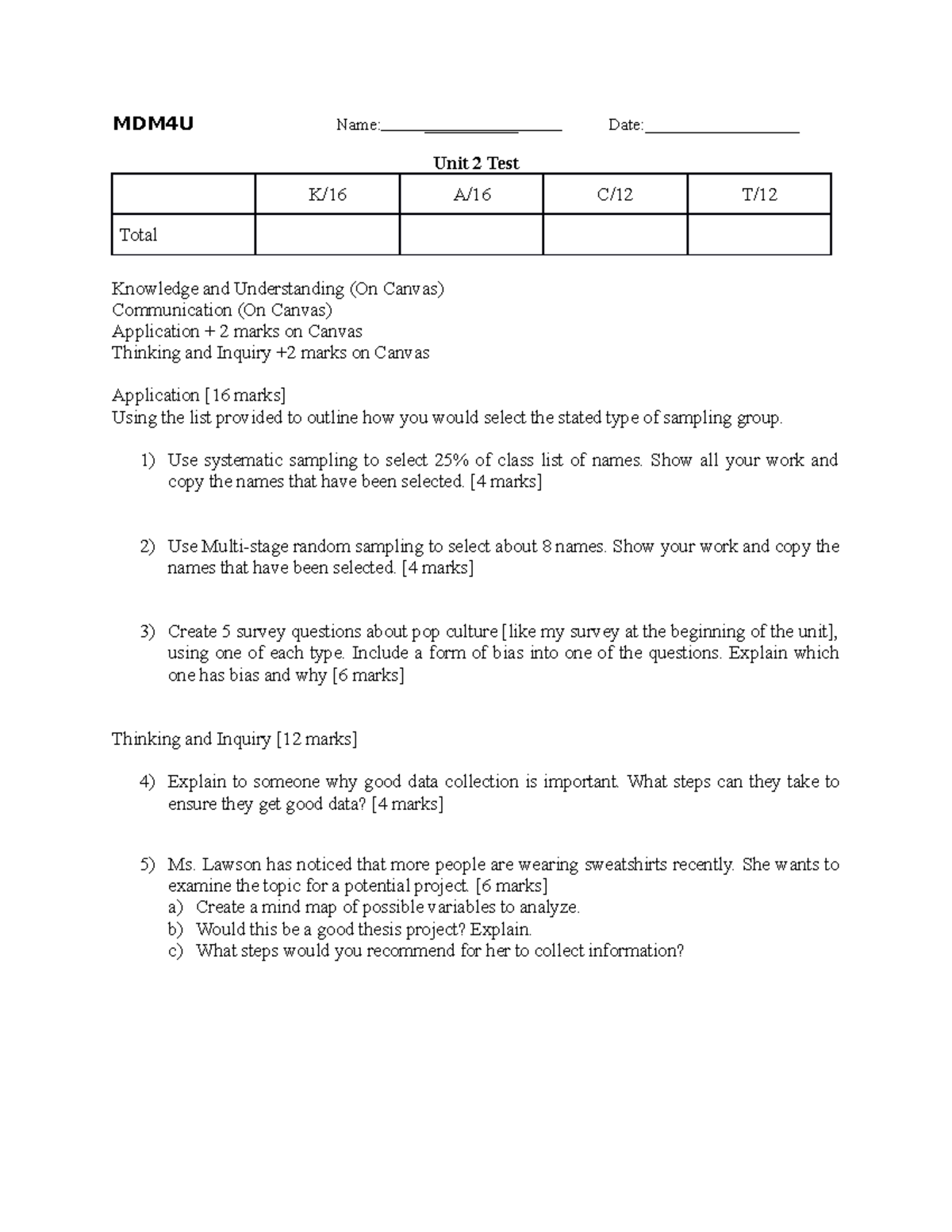 MDM4U Unit 2 Test V5 - Part 2 - MDM4U Name: ___________ Date ...