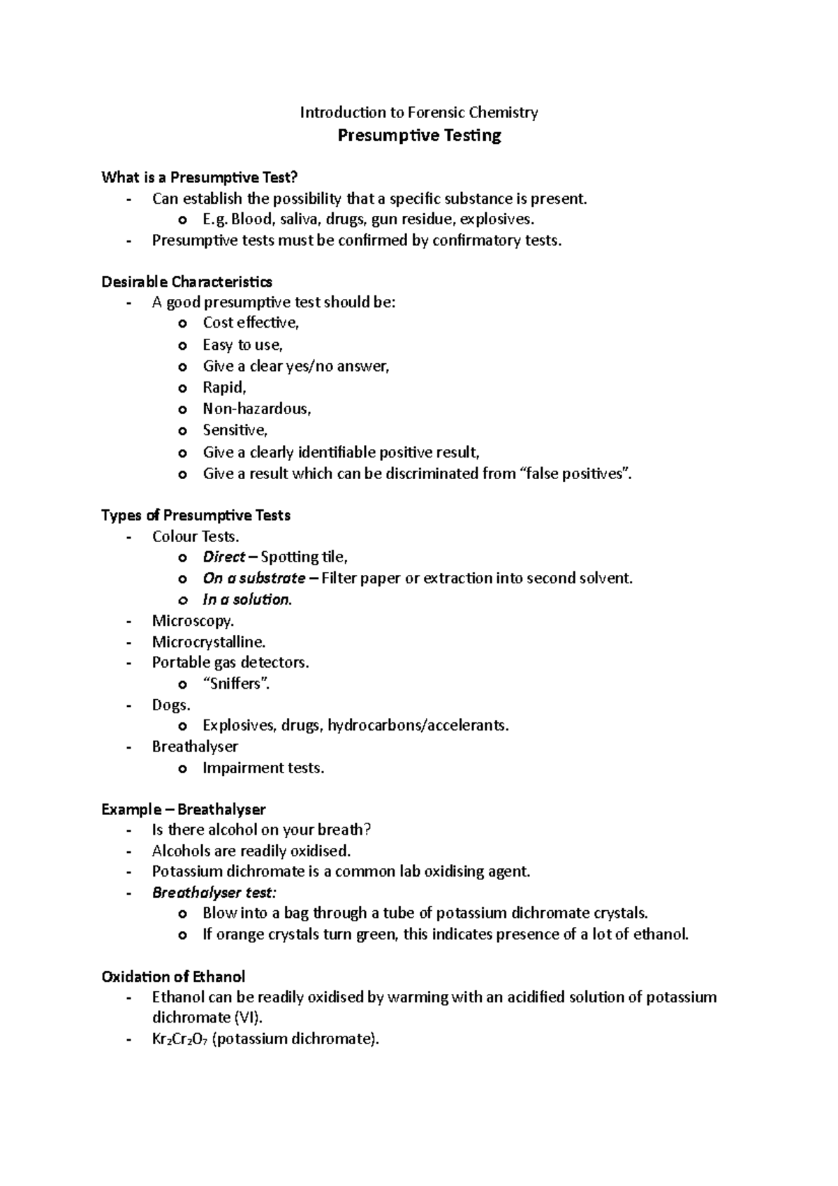 Forensic Chemistry CHM 301: Overview of Presumptive Testing Methods ...