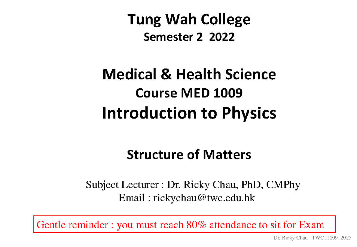 MED 1009 Lecture 3: Structure of Matter Overview 2025 - Studocu