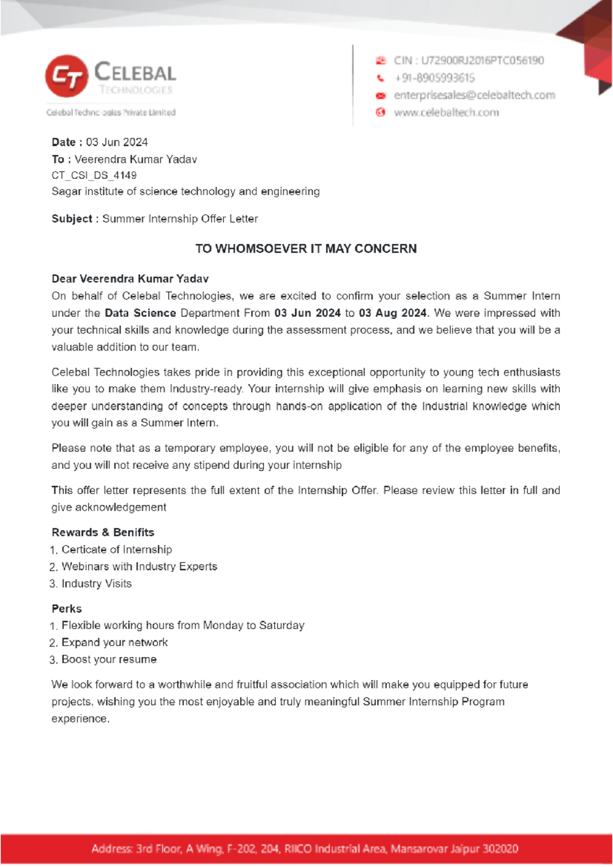 CT_CSI_DS_4149 Summer Internship Offer Letter from Celebal Technologies ...