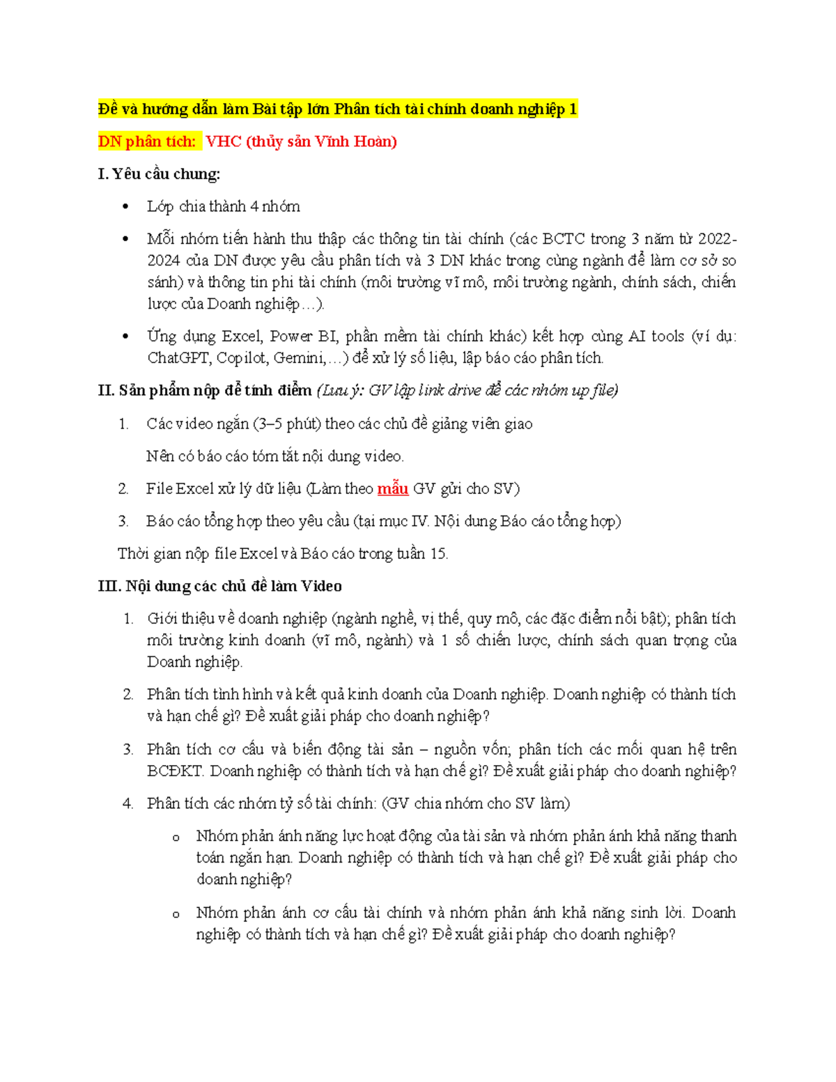 Đề và Hướng dẫn Bài Tập Lớn Phân Tích Tài Chính DN1 - VHC - Studocu