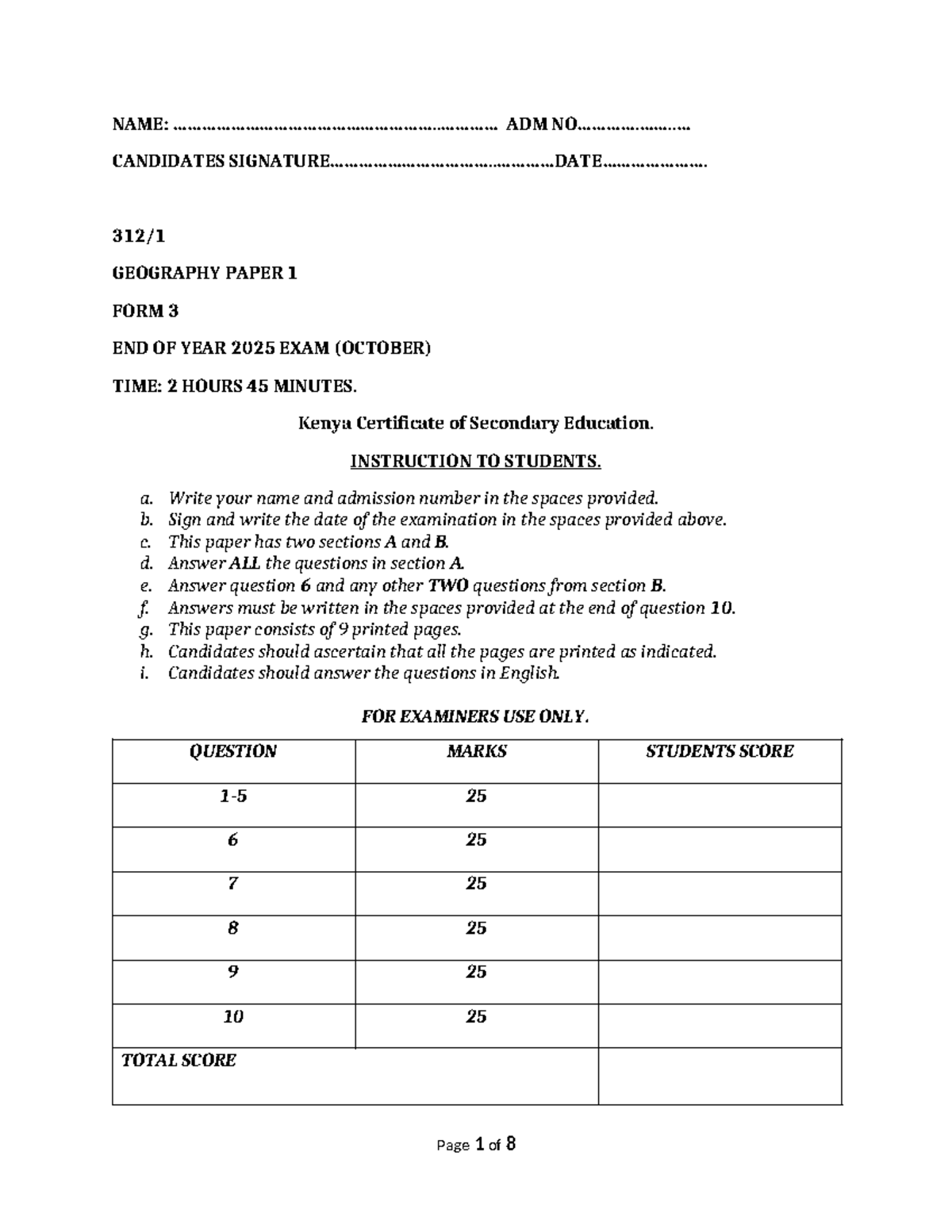 2025 ADM Geography Paper 1 Form 3 End Year Exam Questions - Studocu