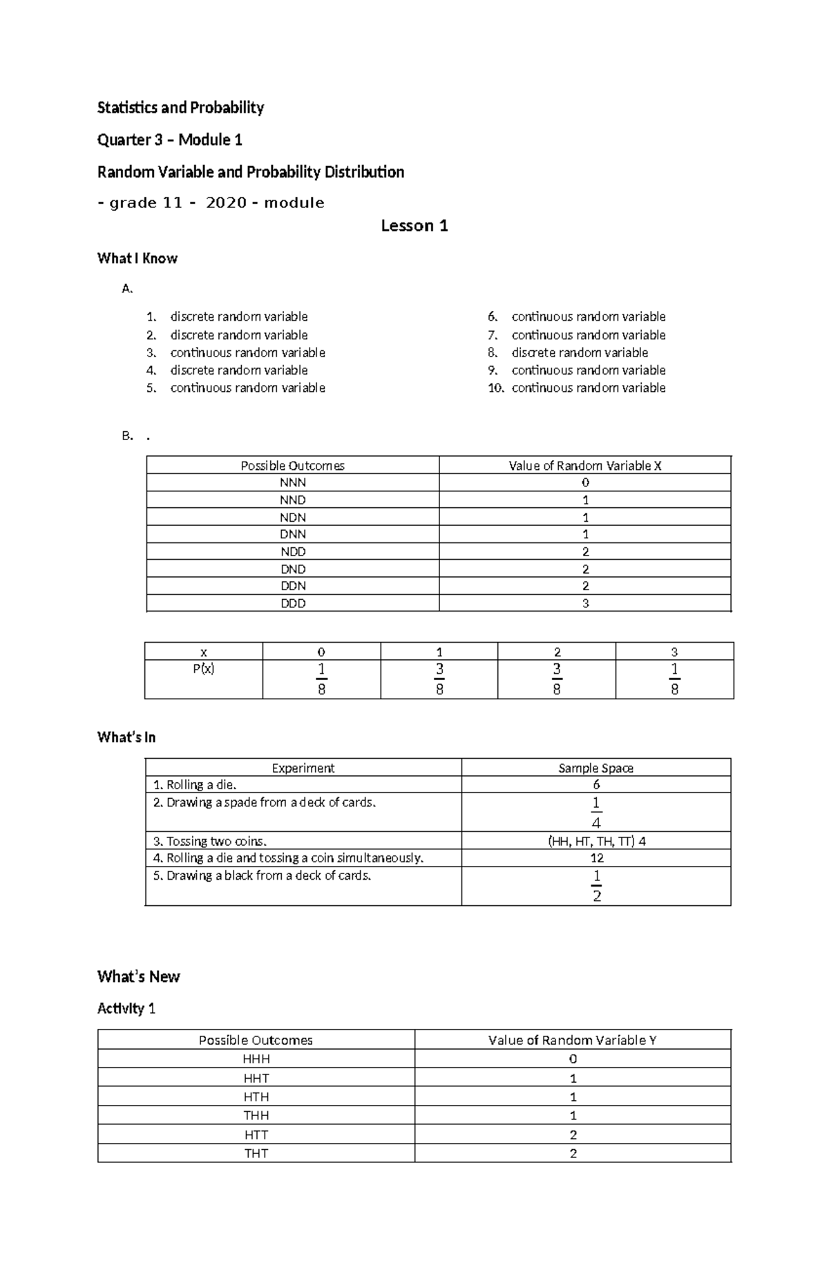 Statistics and Probability Q3 Module 1: Random Variables & Distributions - Studocu