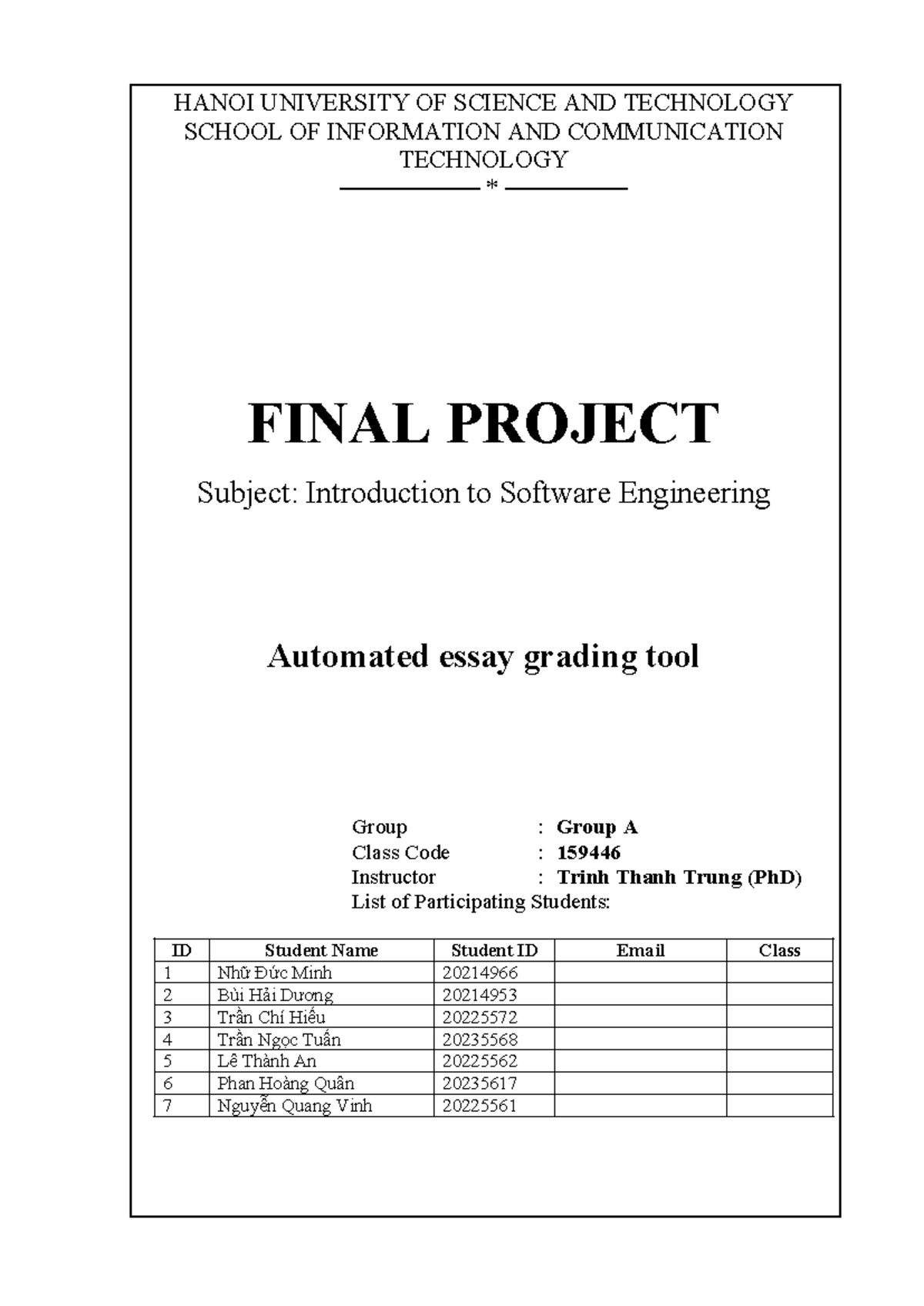 Automated Essay Grading Tool - Final Project Report (Class Code: 159446 ...