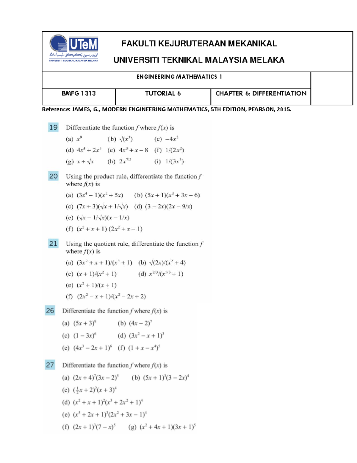 WEEK 8 Chapter 6 Exercises Differentiation - Mechanical Engineering - Reference: JAMES, G ...