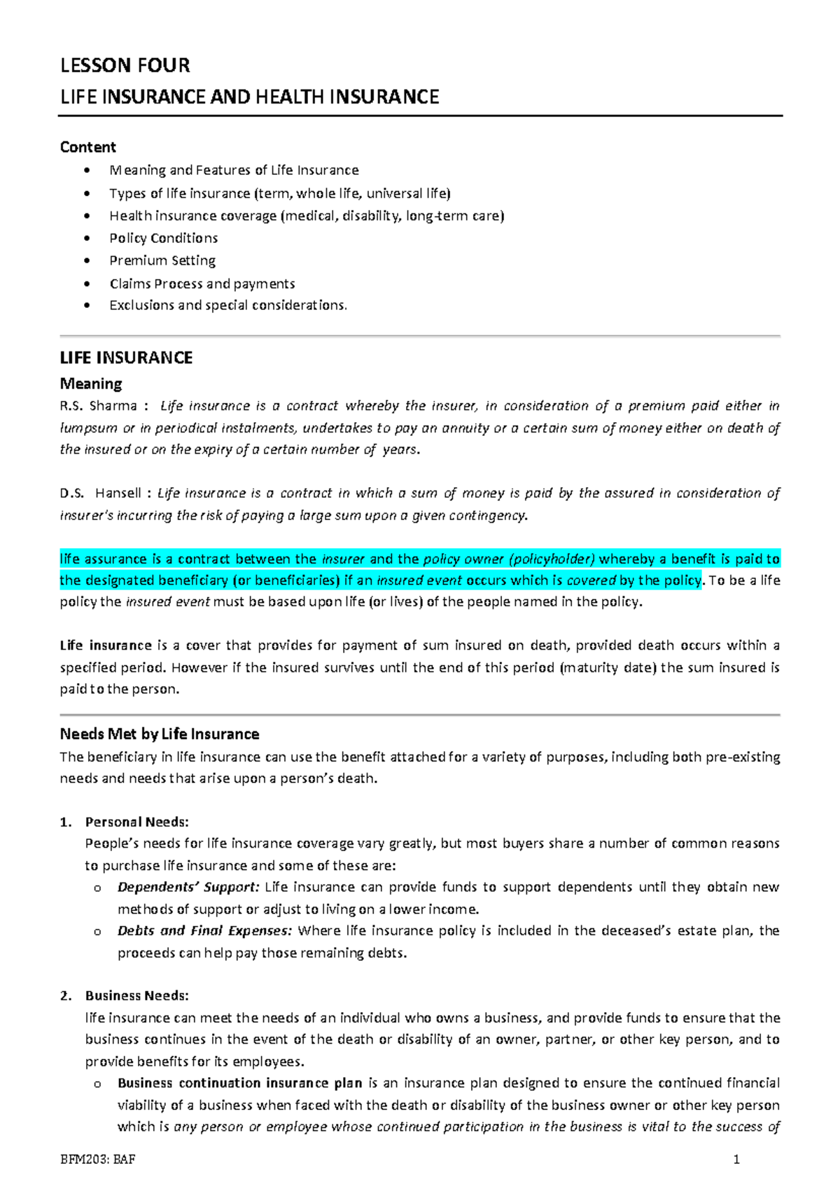 BFM203: T4 - Year 2 Semester 1 - Life & Health Insurance Notes - Studocu