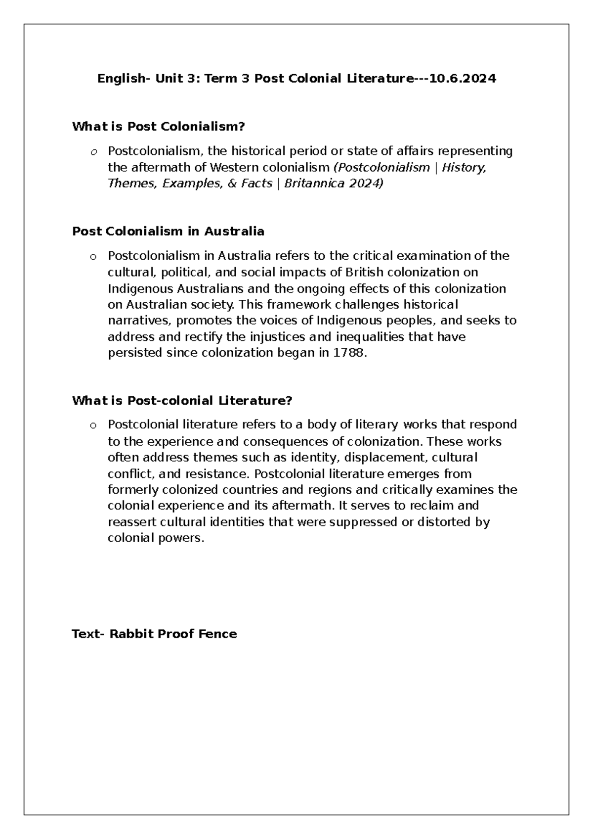 ENG-Unit 3: Term 3 Overview of Post Colonial Literature - Studocu