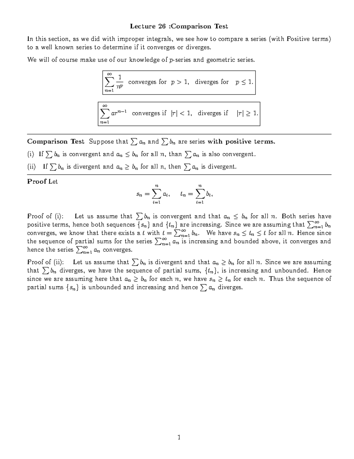 Lecture 26: Comparison Test Summary for Math 1 Major (Algebra) - Studocu