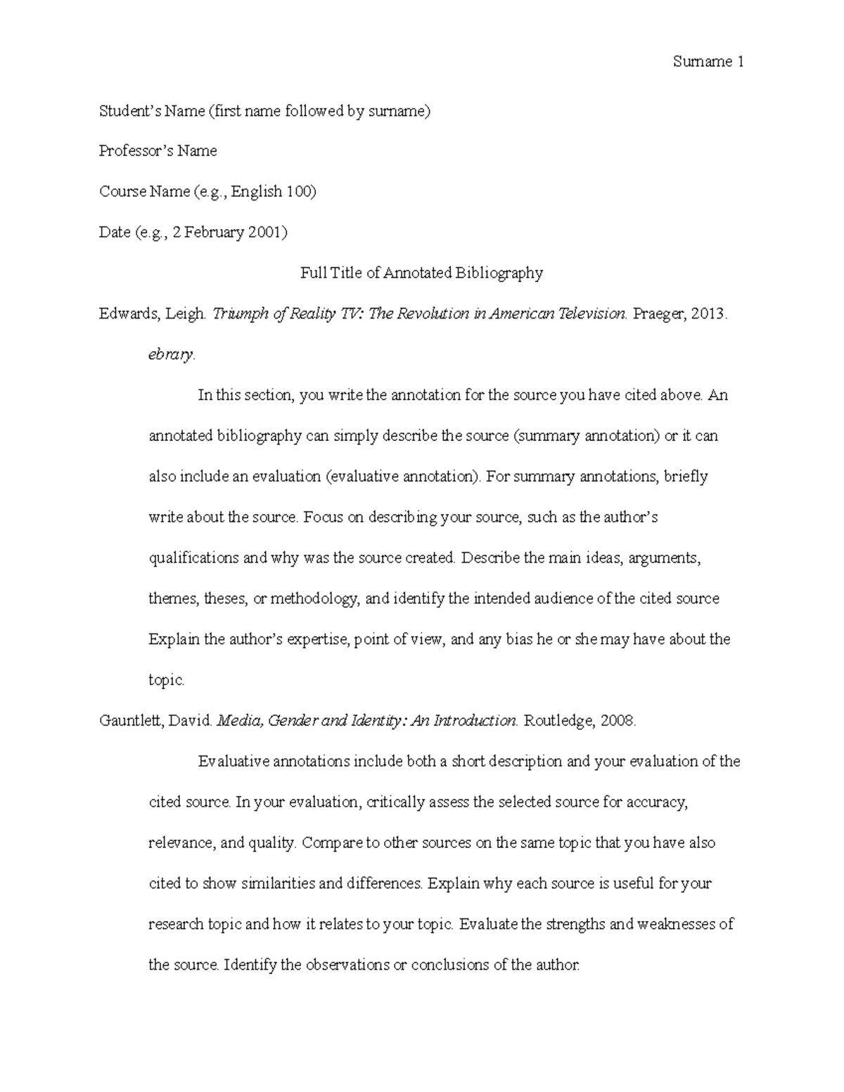 MLA Annotated Bibliography Template for English 100 - Studocu