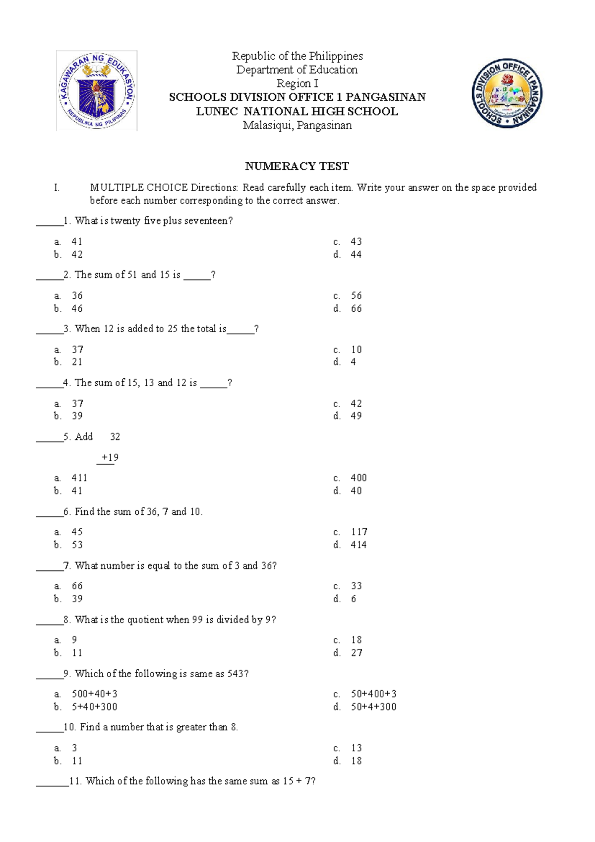 Grade 7 Numeracy Test I: Multiple Choice Questions (630079047) - Studocu