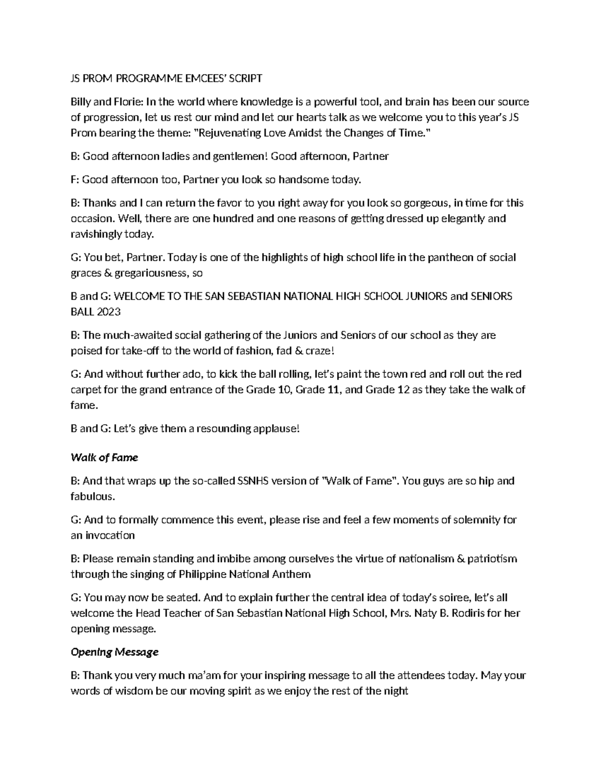 Js Prom Programme Emcees' Script - San Sebastian National HS 2023 - Studocu
