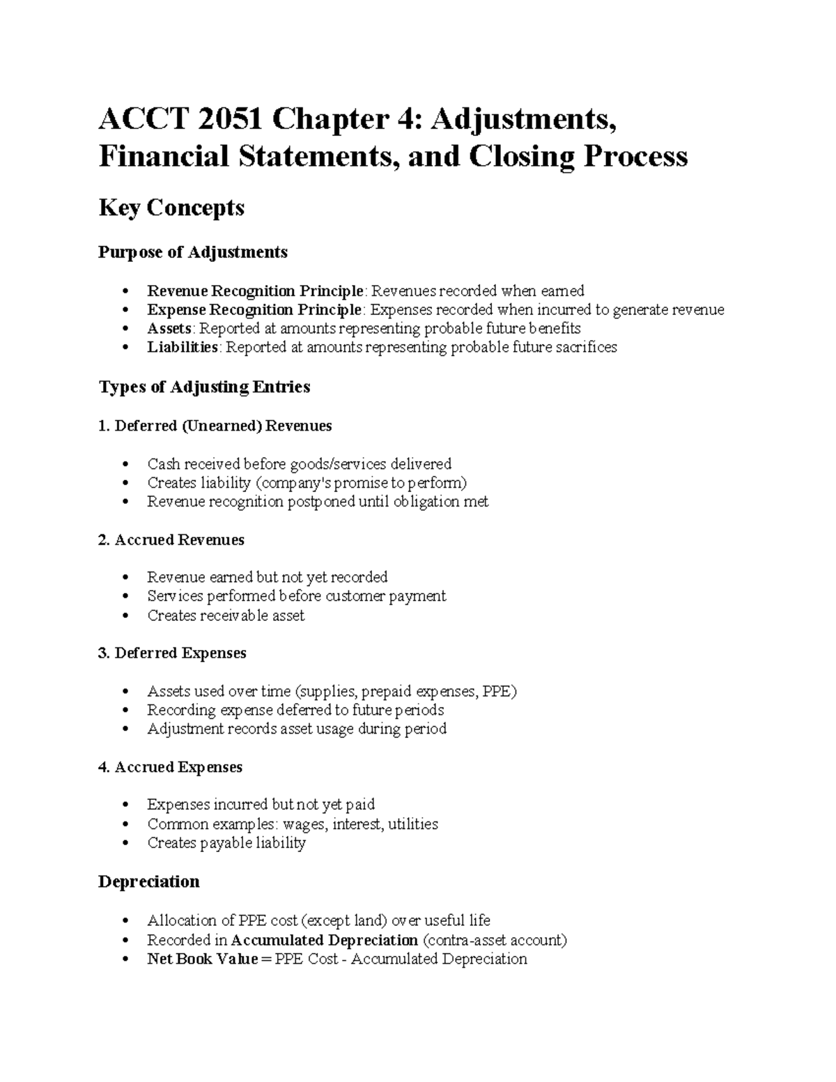 ACCT 2051 Final Exam Study Notes: Adjustments & Closing Process - Studocu