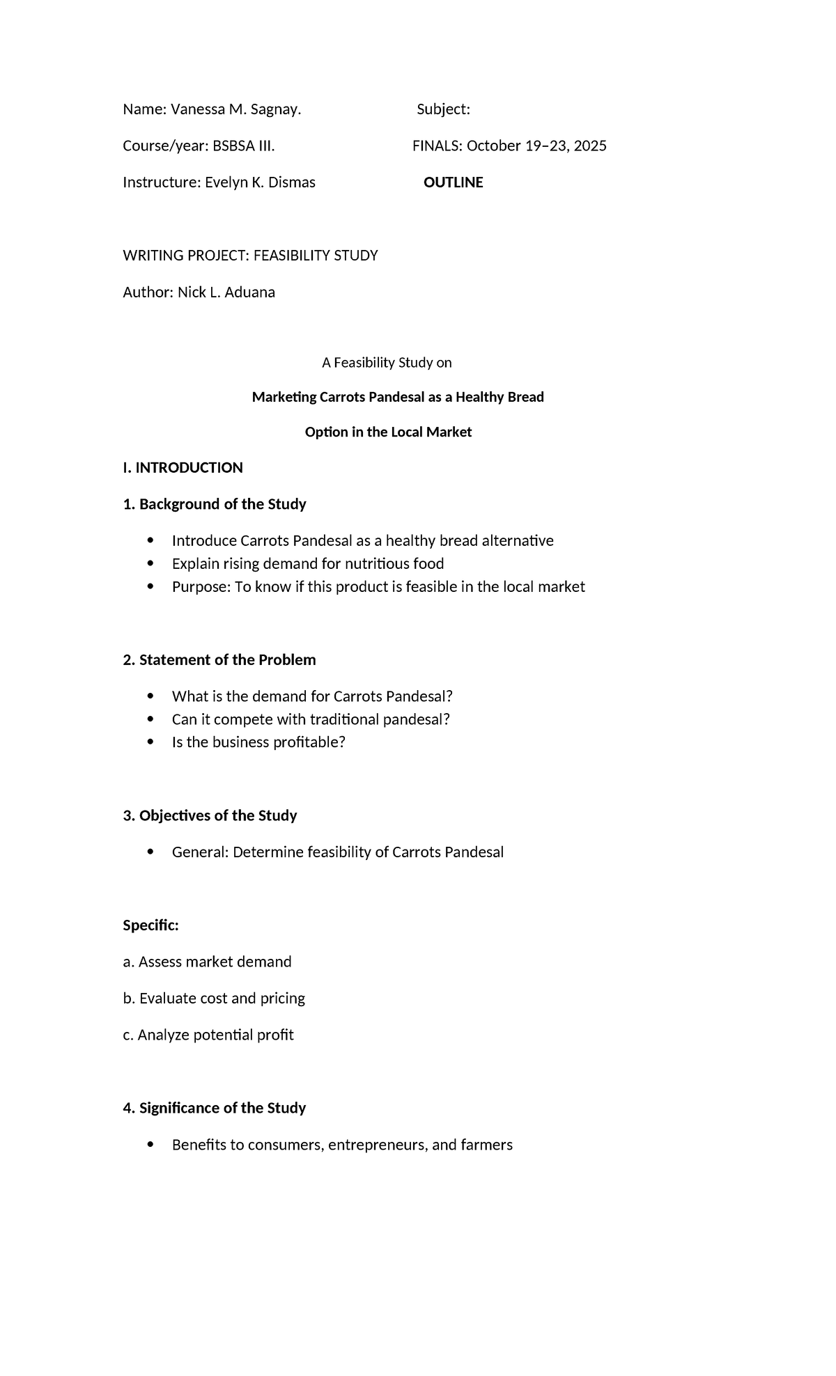 BSBSA FINALS: Feasibility Study on Carrots Pandesal Project - Studocu