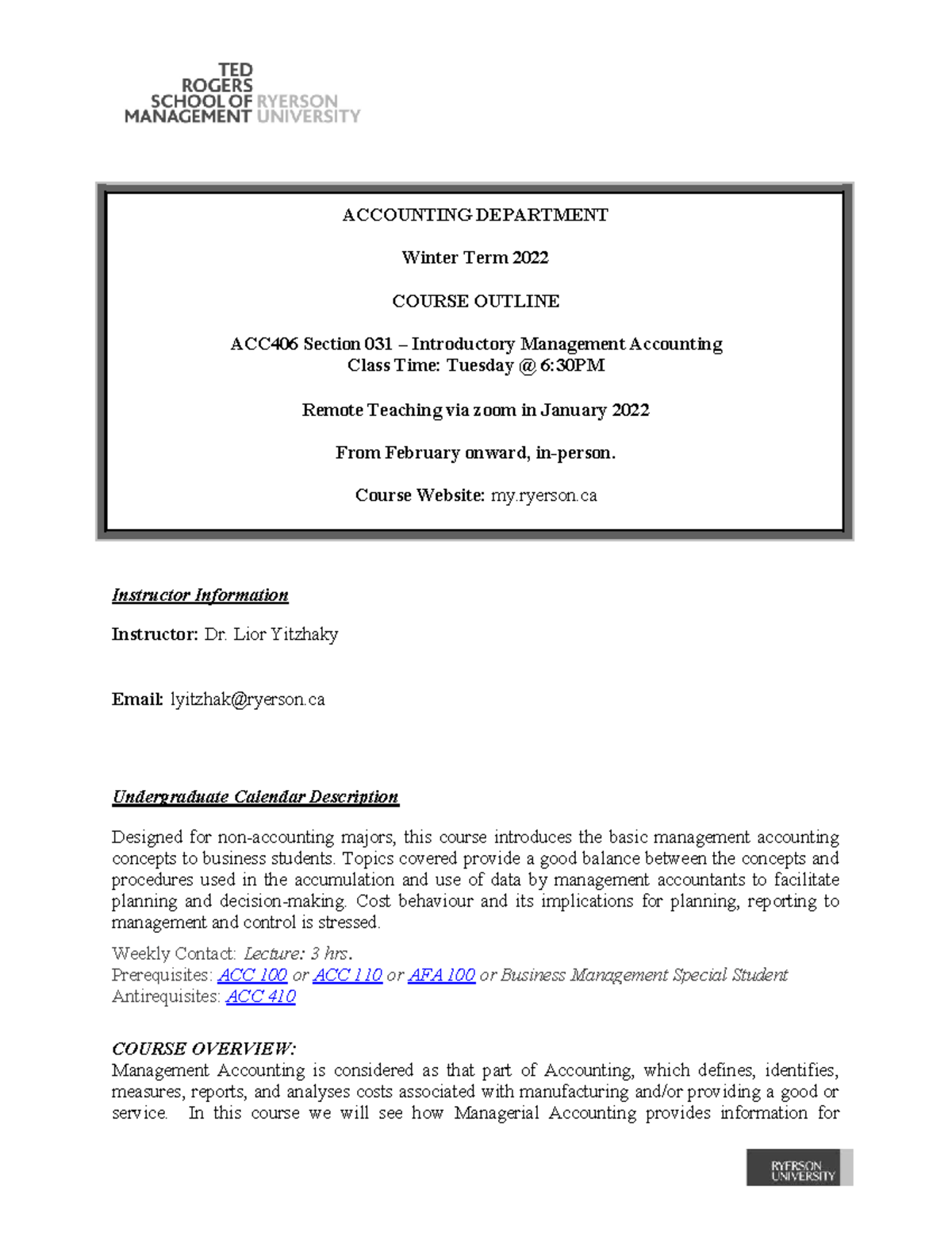 ACC406 W2022 Course Outline: Intro to Management Accounting - Studocu