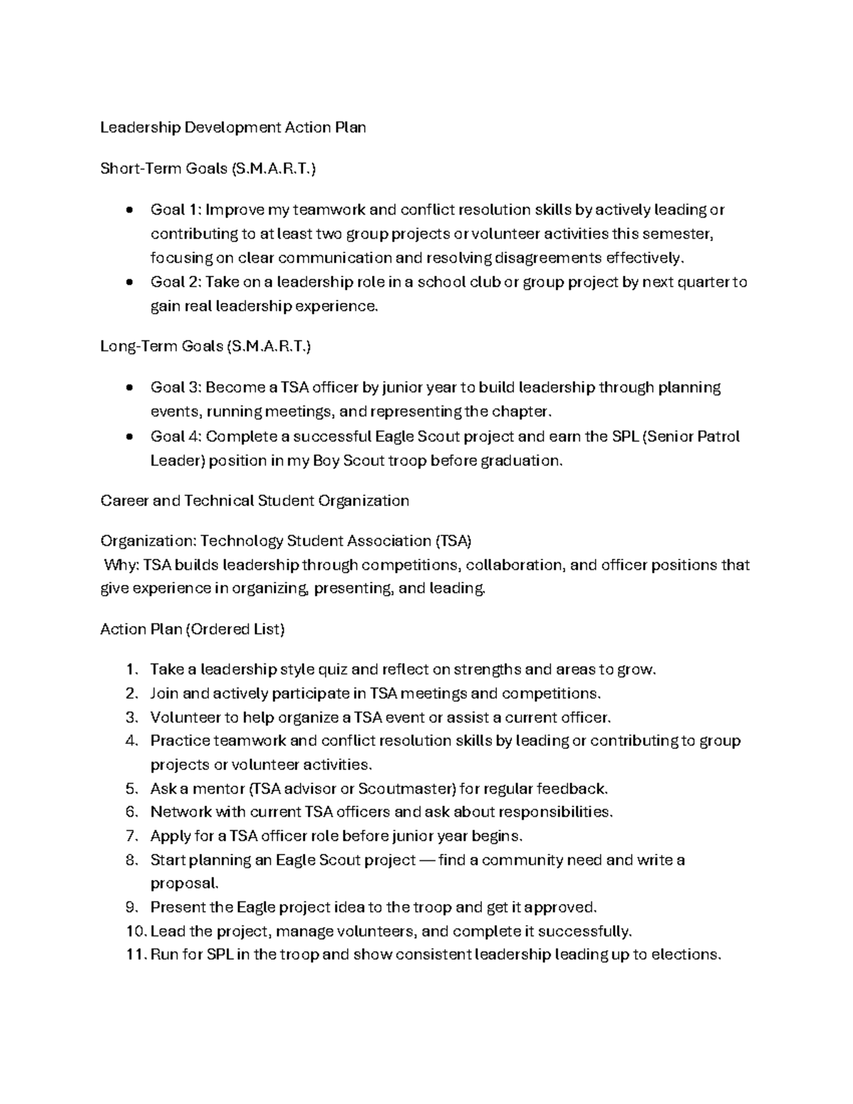 Leadership Development Action Plan (S.M.A.R.T.) for TSA and Eagle Scout ...