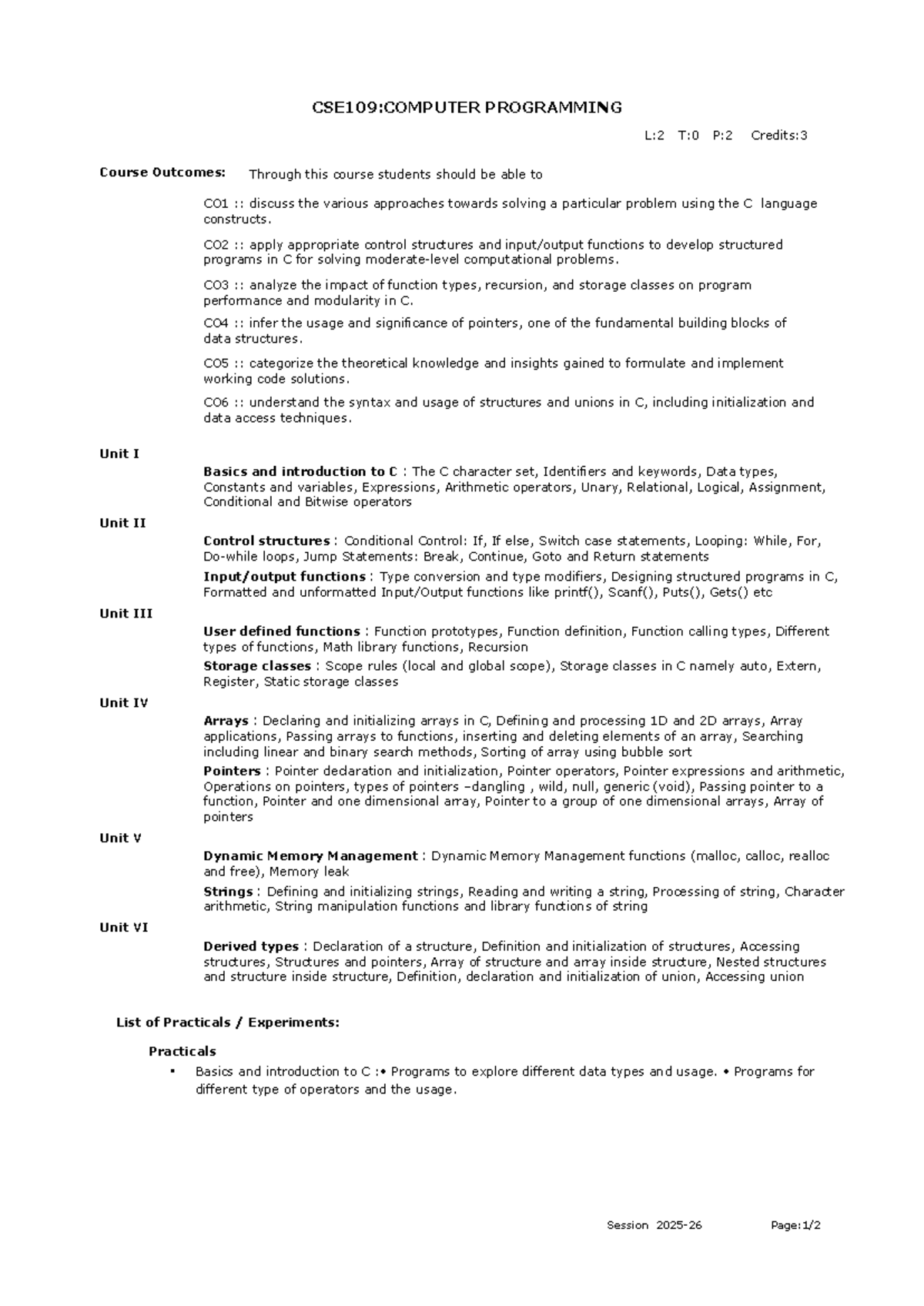 CSE109: Computer Programming Lecture 2 Syllabus Overview - Studocu
