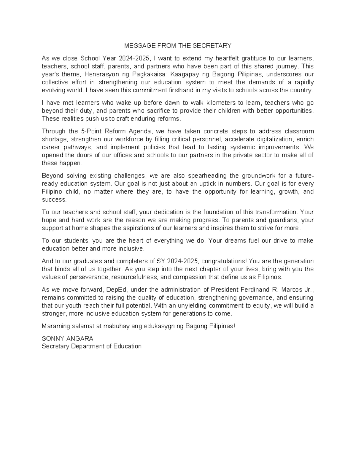 MESSAGE FROM THE SECRETARY: GRADUATION & MOVING UP 2025 - Studocu