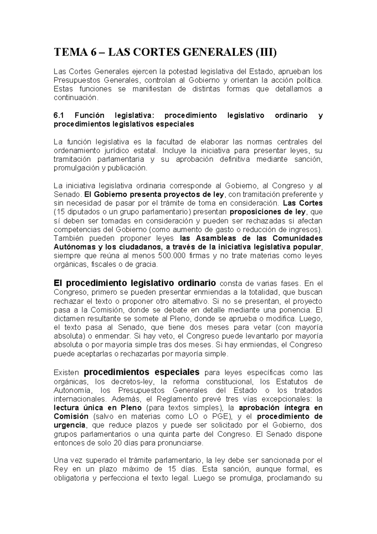 Resumen corto TEMA 6: Las Cortes Generales y sus Funciones - Studocu