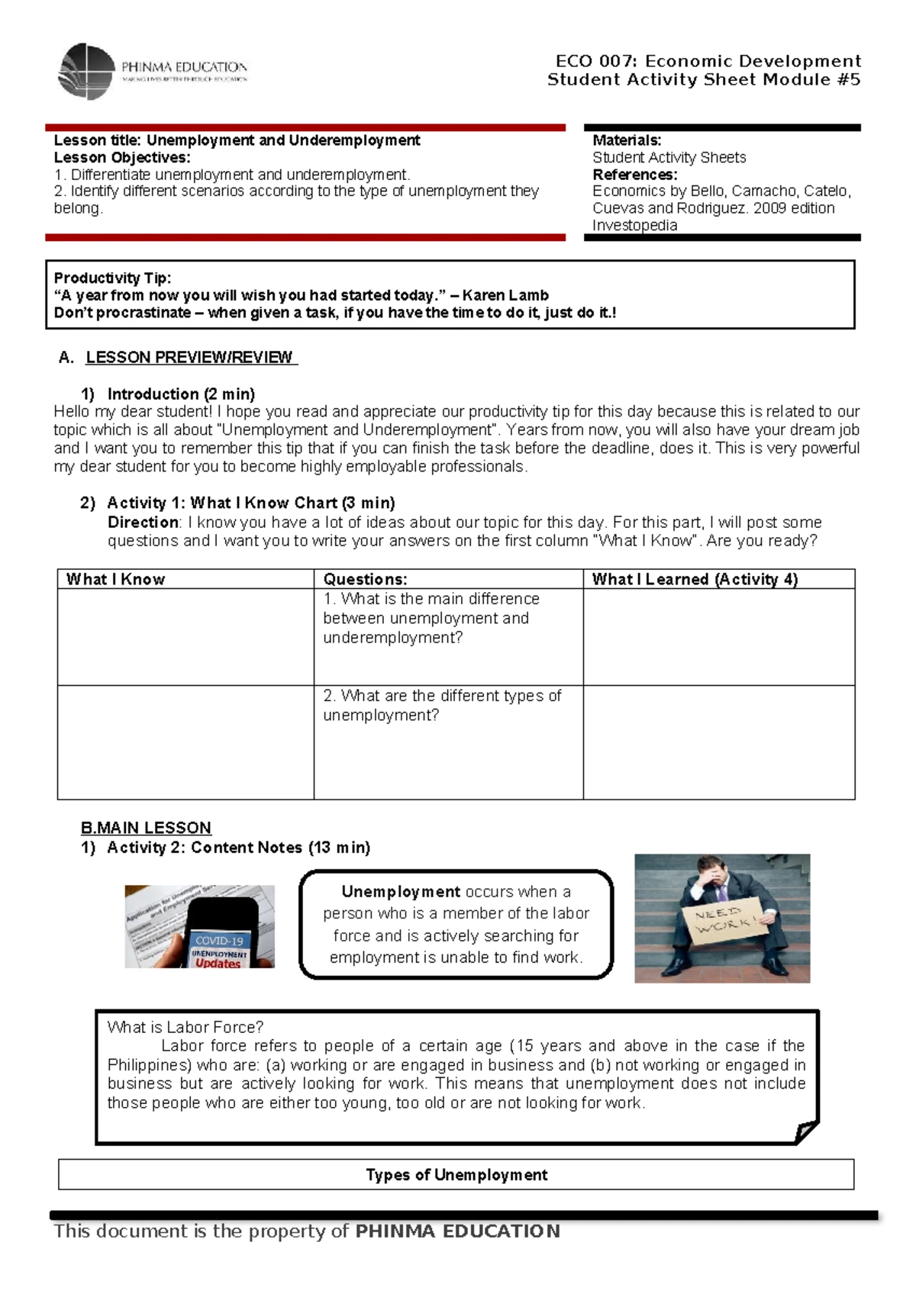 ECO 007: Economic Development Student Activity Sheet on Aggregate ...