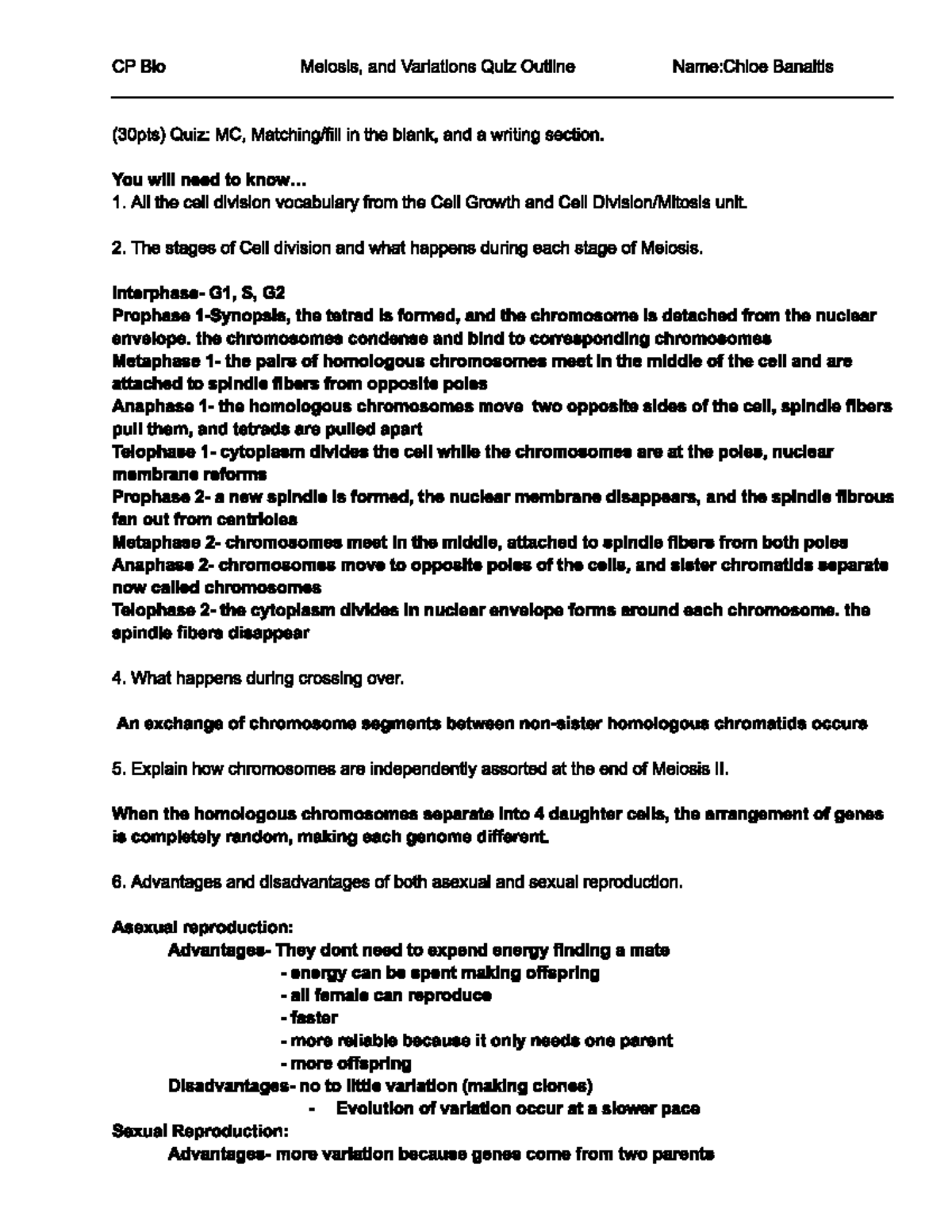 CP Bio Meiosis & Variations Quiz Outline - Chloe Banaitis (30pts) - Studocu