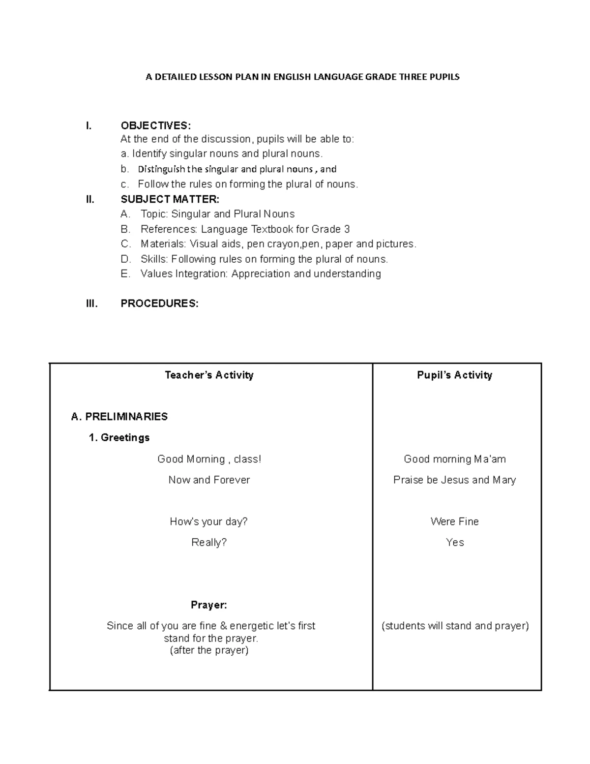 Grade 3 Lesson Plan: Understanding Plural Nouns and Their Formation - Studocu