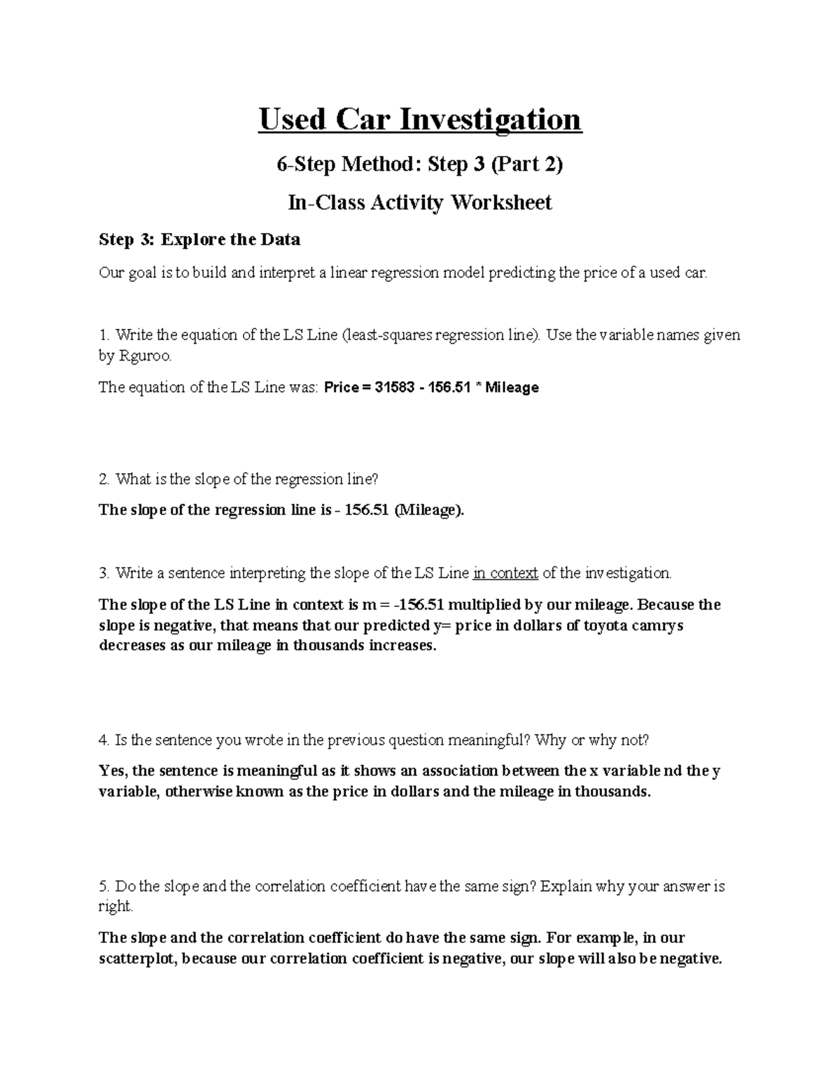 In-Class Worksheet 3: Analyzing Used Car Price with Regression - Studocu
