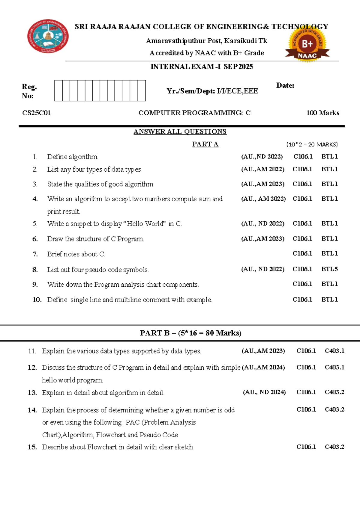 IA CS25C01 Computer Programming Internal Exam Notes - Sep 2025 - Studocu