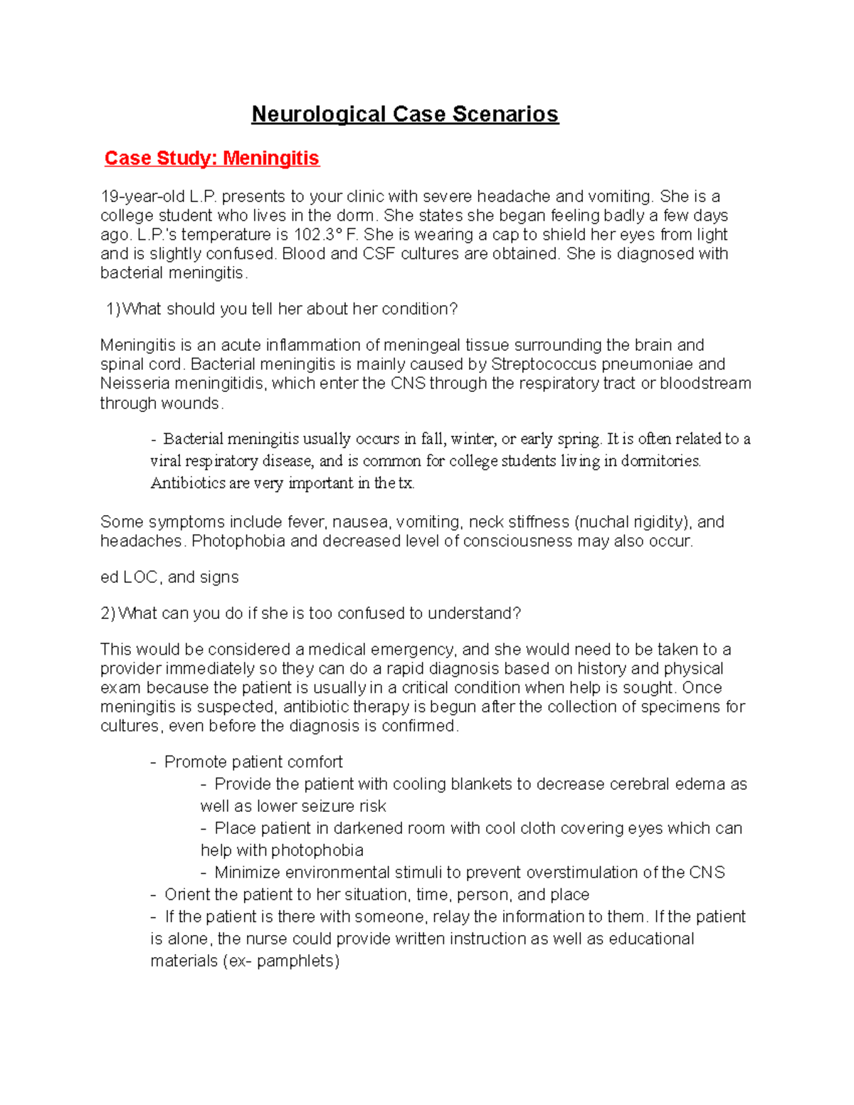 NUR 450 Neurological Case Scenarios: Meningitis, Head Injury & Stroke ...