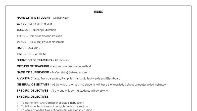 M.Sc. (N) 1st Year Nursing Education: Computer Aided Instruction Notes ...