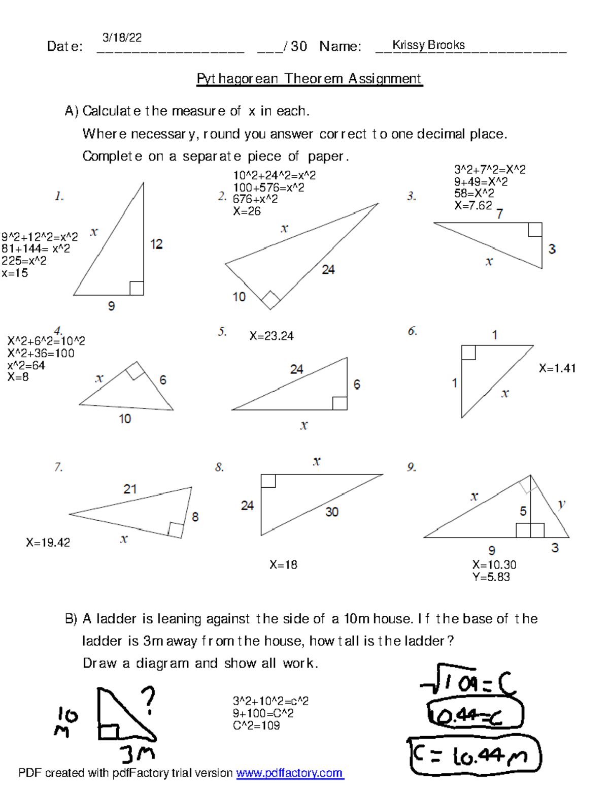 Pythagorean Theorem Assignment Worksheet - Math 101 - Studocu