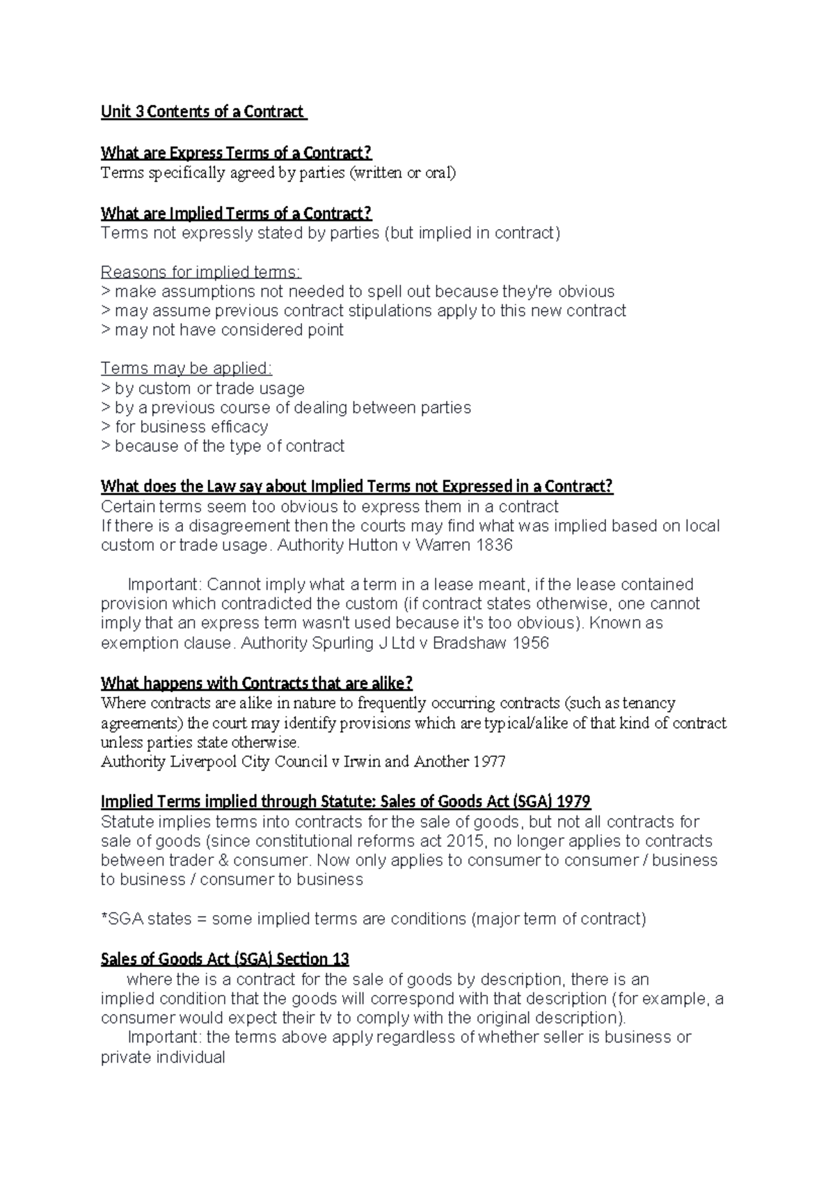 Unit 3: Exemption Clauses and Implied Terms in Contracts - Studocu