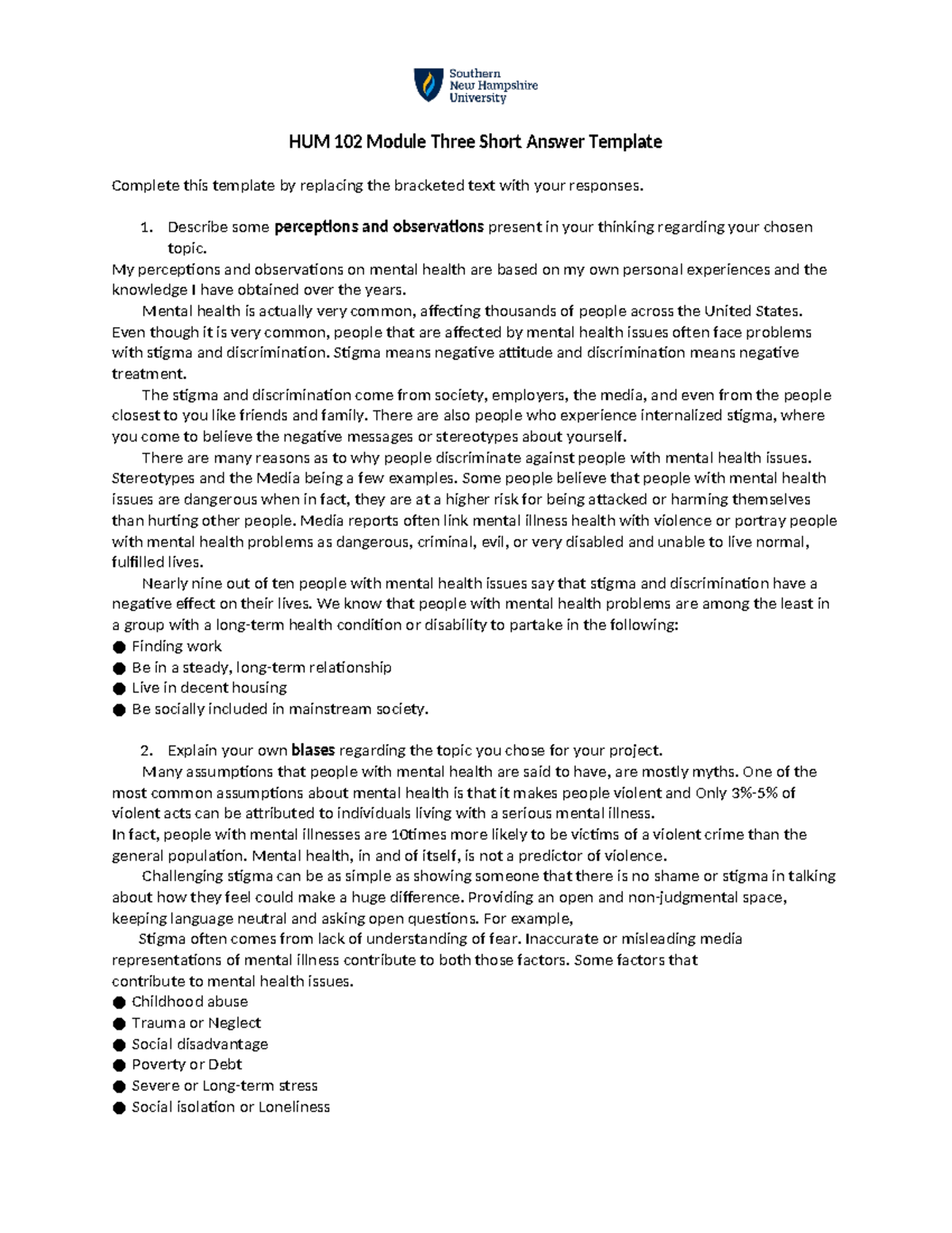 HUM 102 Module 3 Mental Health Short Answer Assignment - Studocu