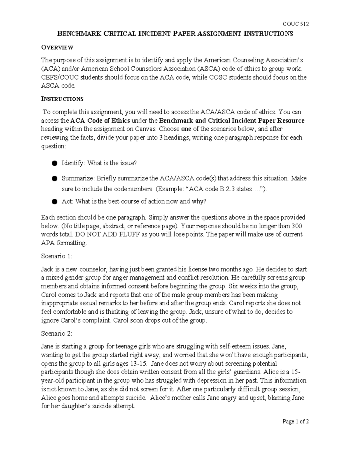 COUC 512: Benchmark Critical Incident Paper Assignment Guidelines - Studocu