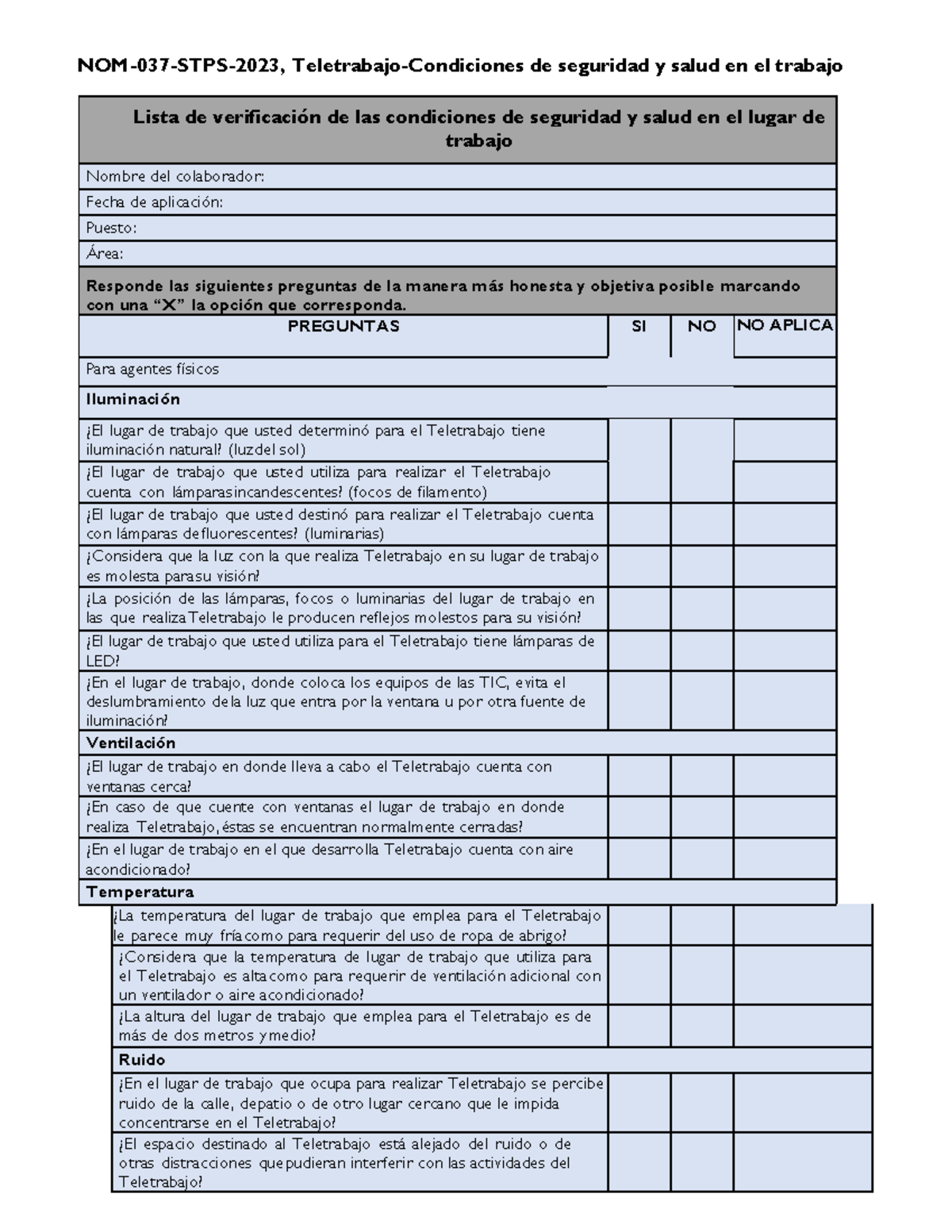 Lista de Verificación de Seguridad y Salud en Teletrabajo NOM-037 STPS ...