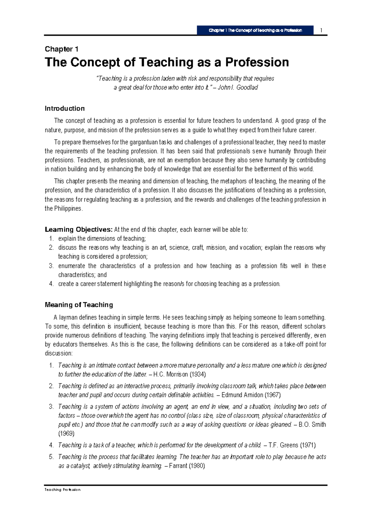 531847381 Chapter 1 THE Concept OF Teaching AS A Profession - Chapter 1 ...